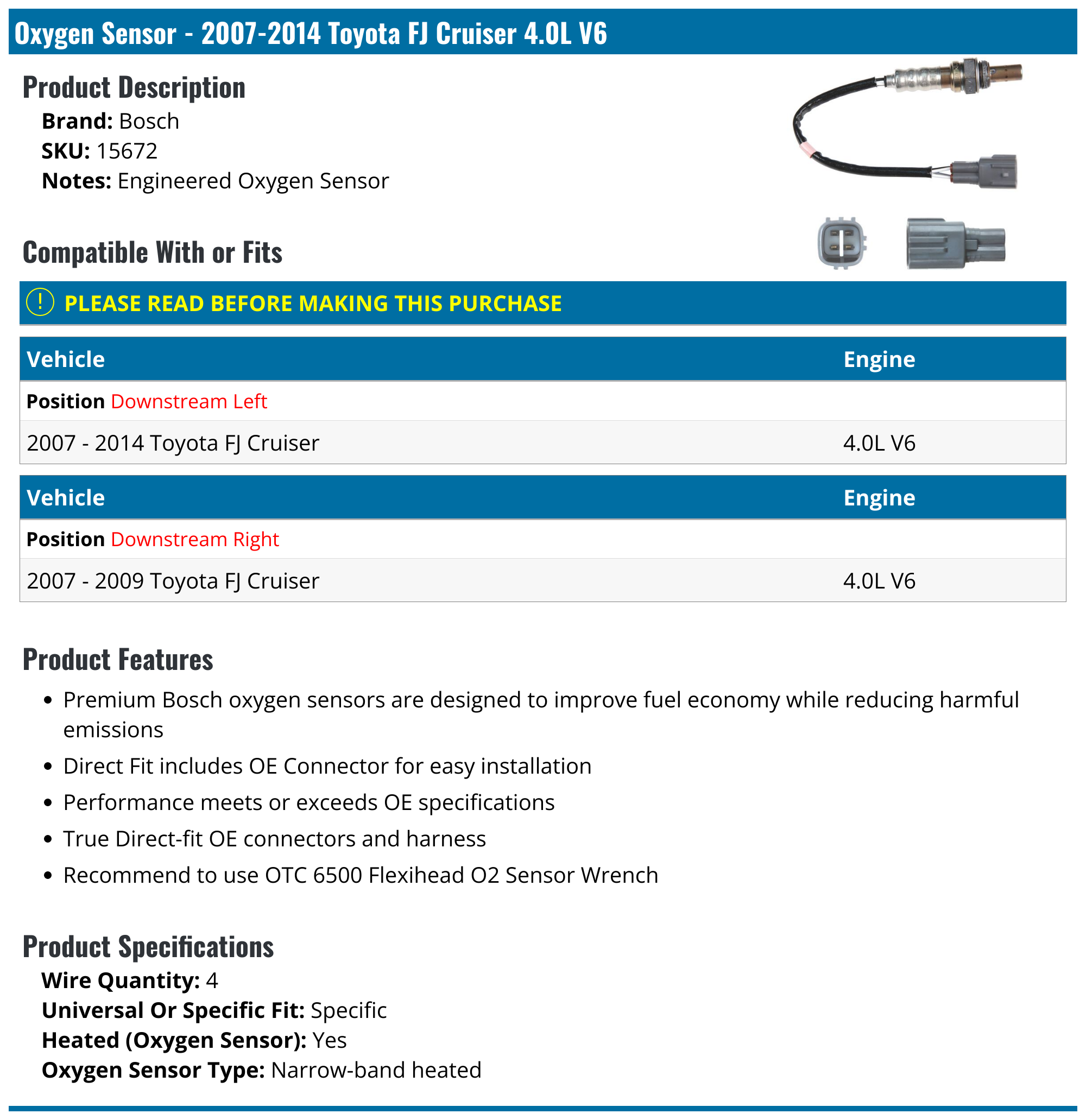 2007-2014 Toyota FJ Cruiser Oxygen Sensor - Bosch 15672 - Downstream ...