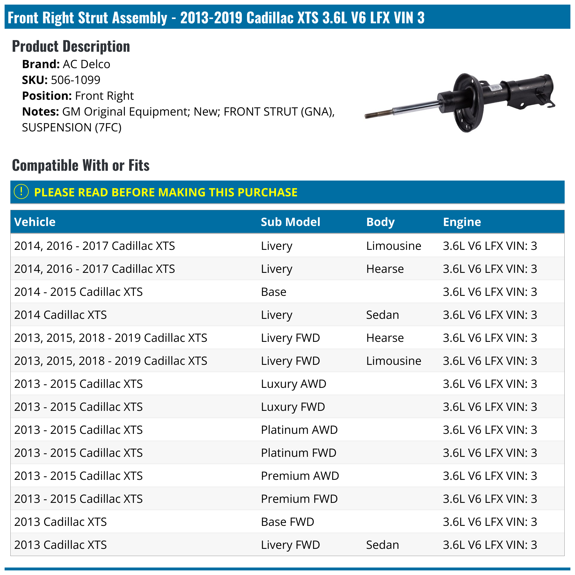 2013-2019 Cadillac XTS Strut Assembly - AC Delco 506-1099 - Front Right ...
