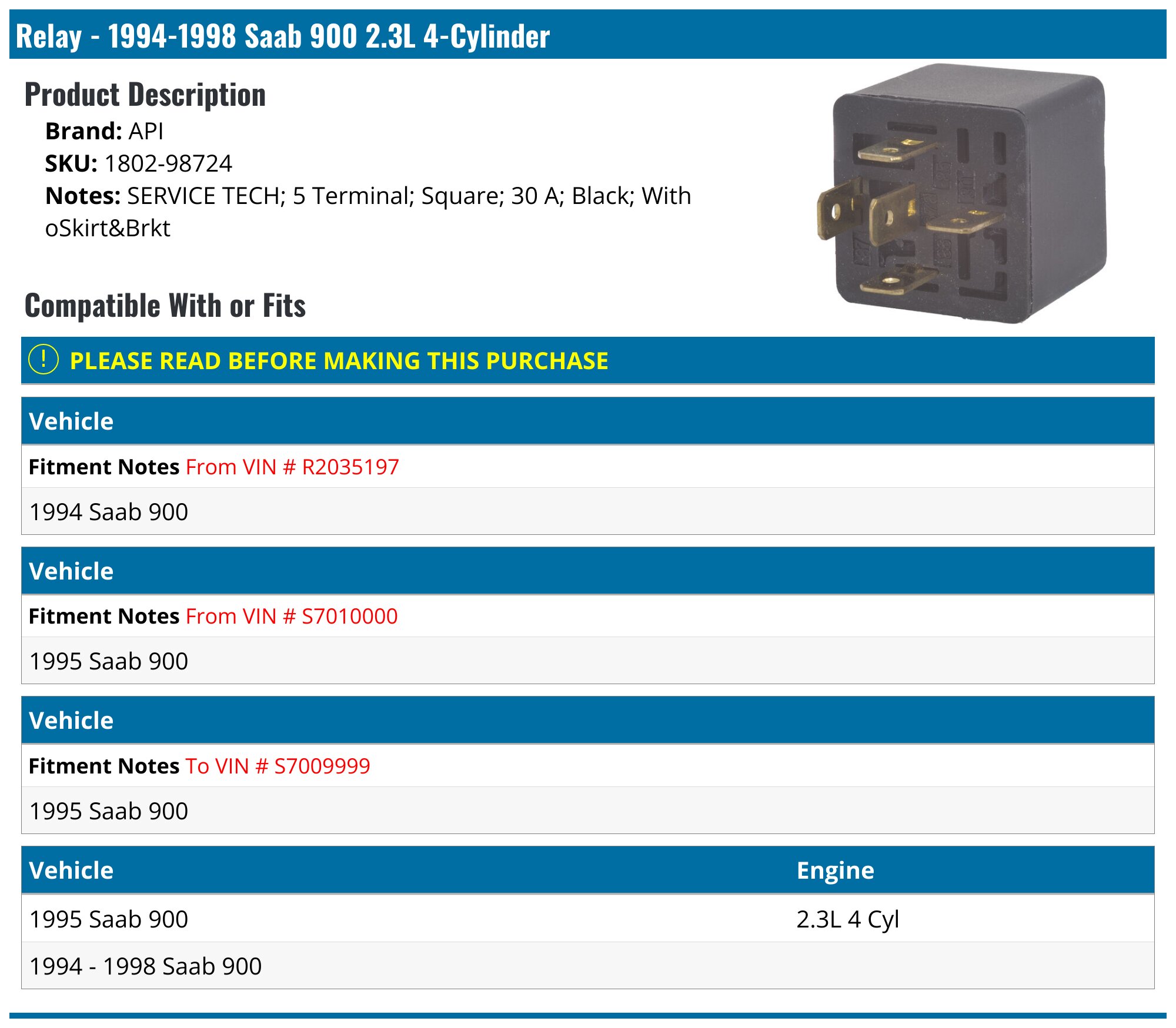 1994-1998 Saab 900 Relay - API 6529-07666281 - PartsGeek.com