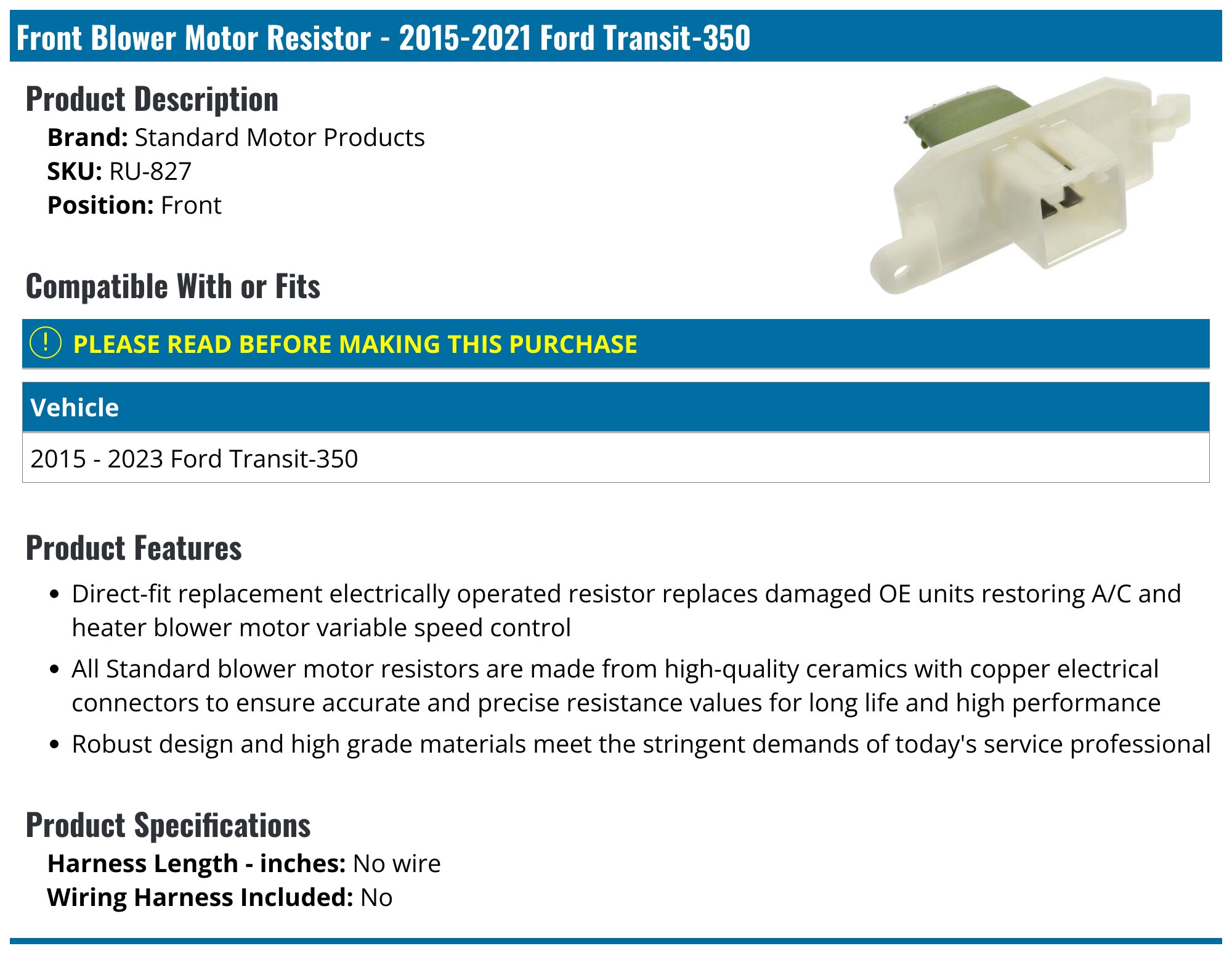 2015-2024 Ford Transit-350 Blower Motor Resistor - Standard Motor ...