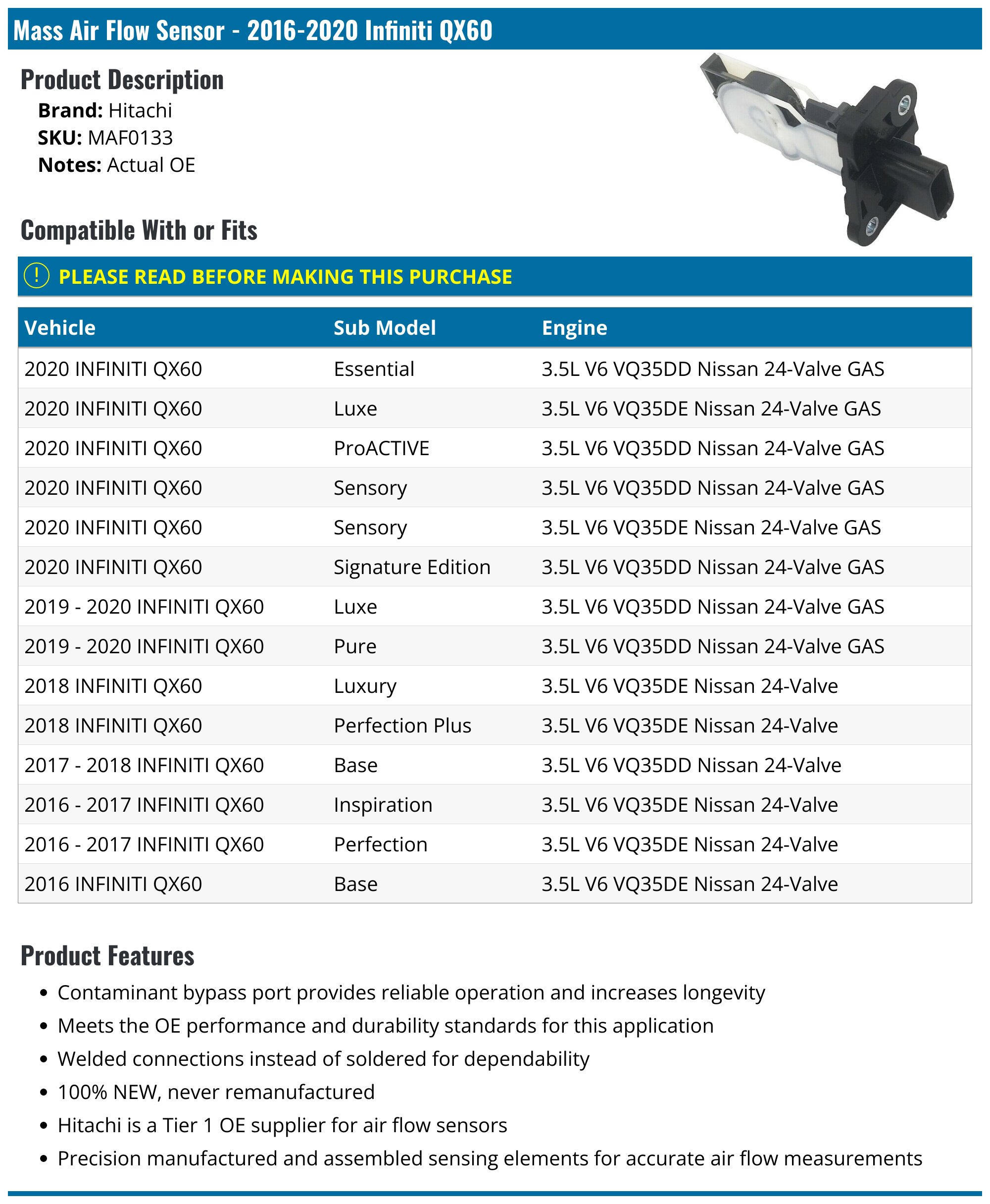 2017-2020 Infiniti QX60 Air Mass Sensor - Hitachi MAF0133 - PartsGeek.com