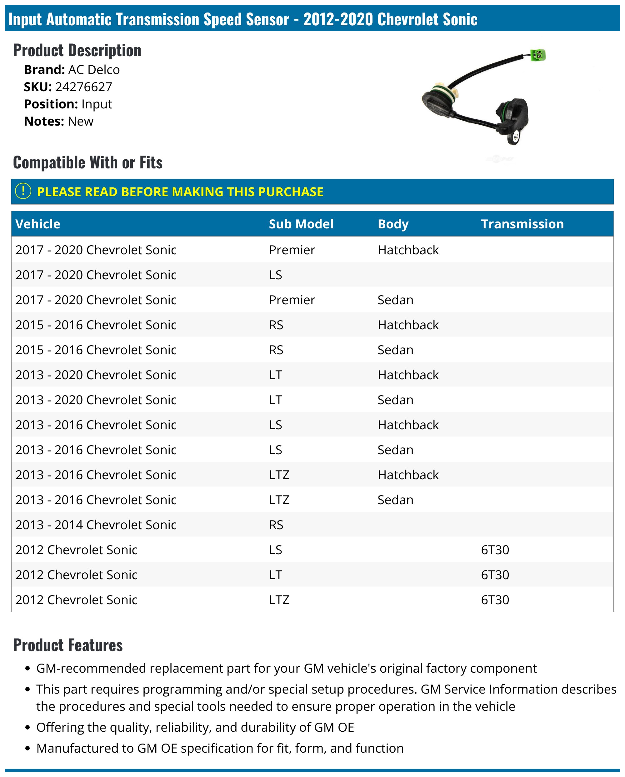 2012-2020 Chevrolet Sonic Automatic Transmission Speed Sensor - AC ...