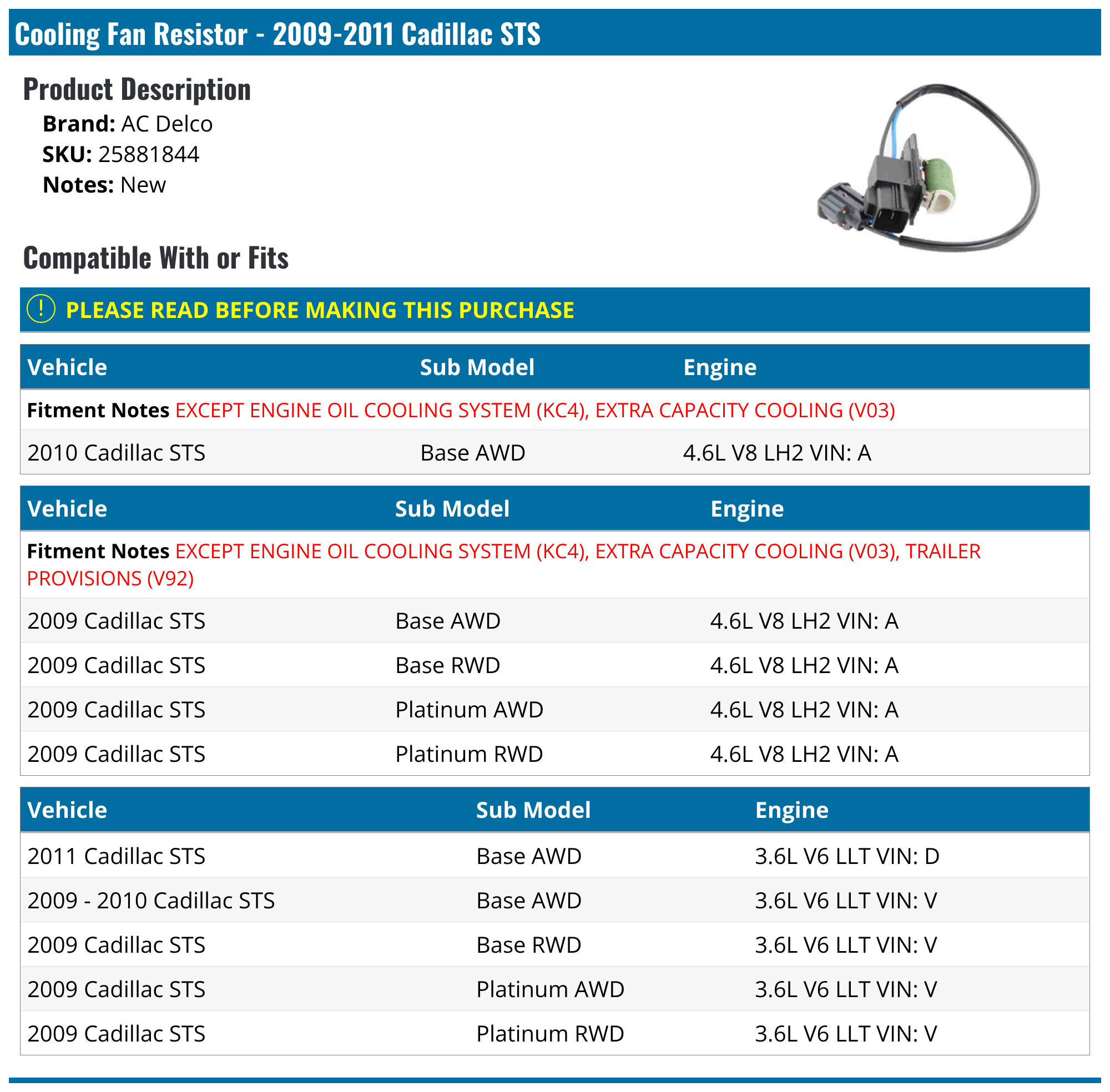 2009-2011 Cadillac STS Cooling Fan Resistor - AC Delco 25881844 ...