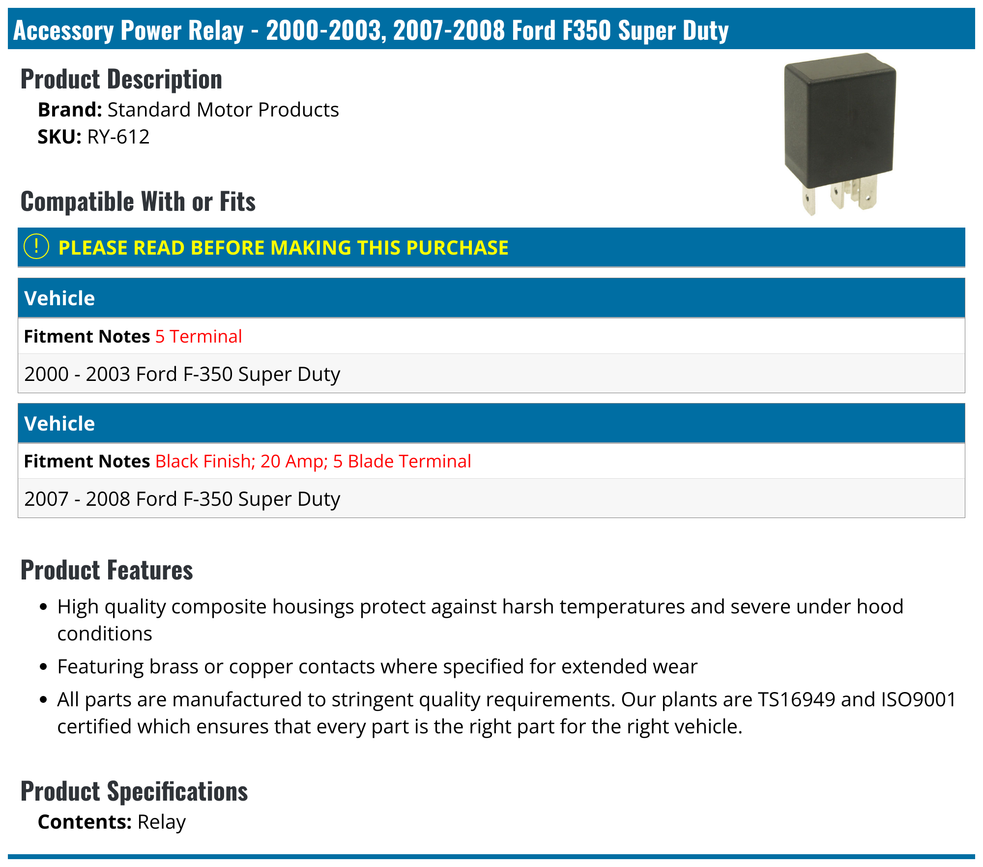 2000-2003, 2007-2008 Ford F350 Super Duty Accessory Power Relay ...