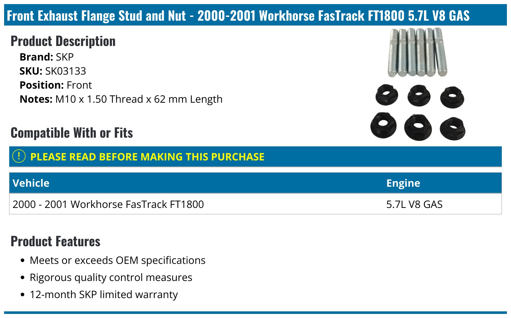 2000-2001 Workhorse FasTrack FT1800 Exhaust Flange Stud and Nut - SKP ...