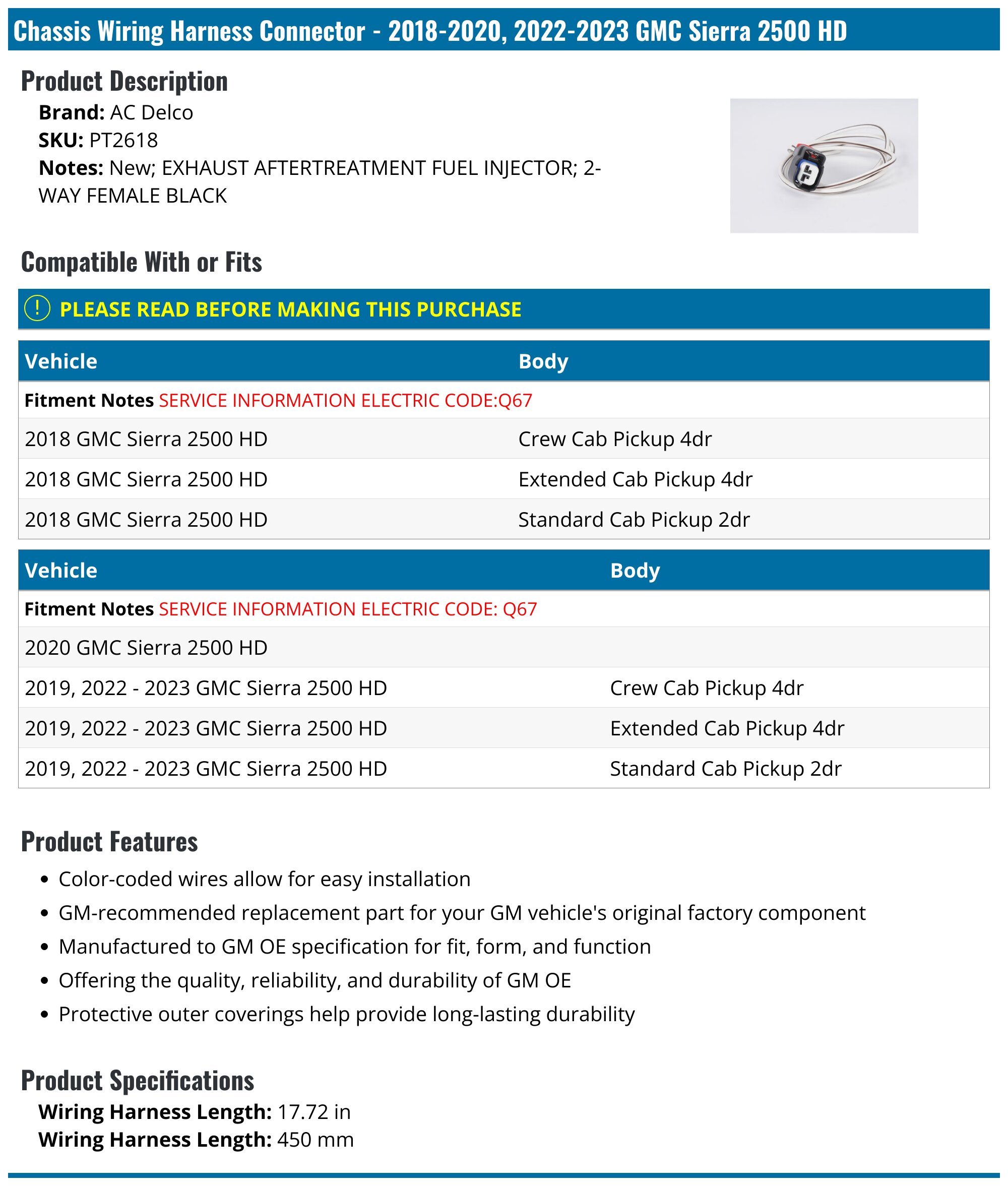 2018-2020, 2022-2023 GMC Sierra 2500 HD Chassis Wiring Harness ...