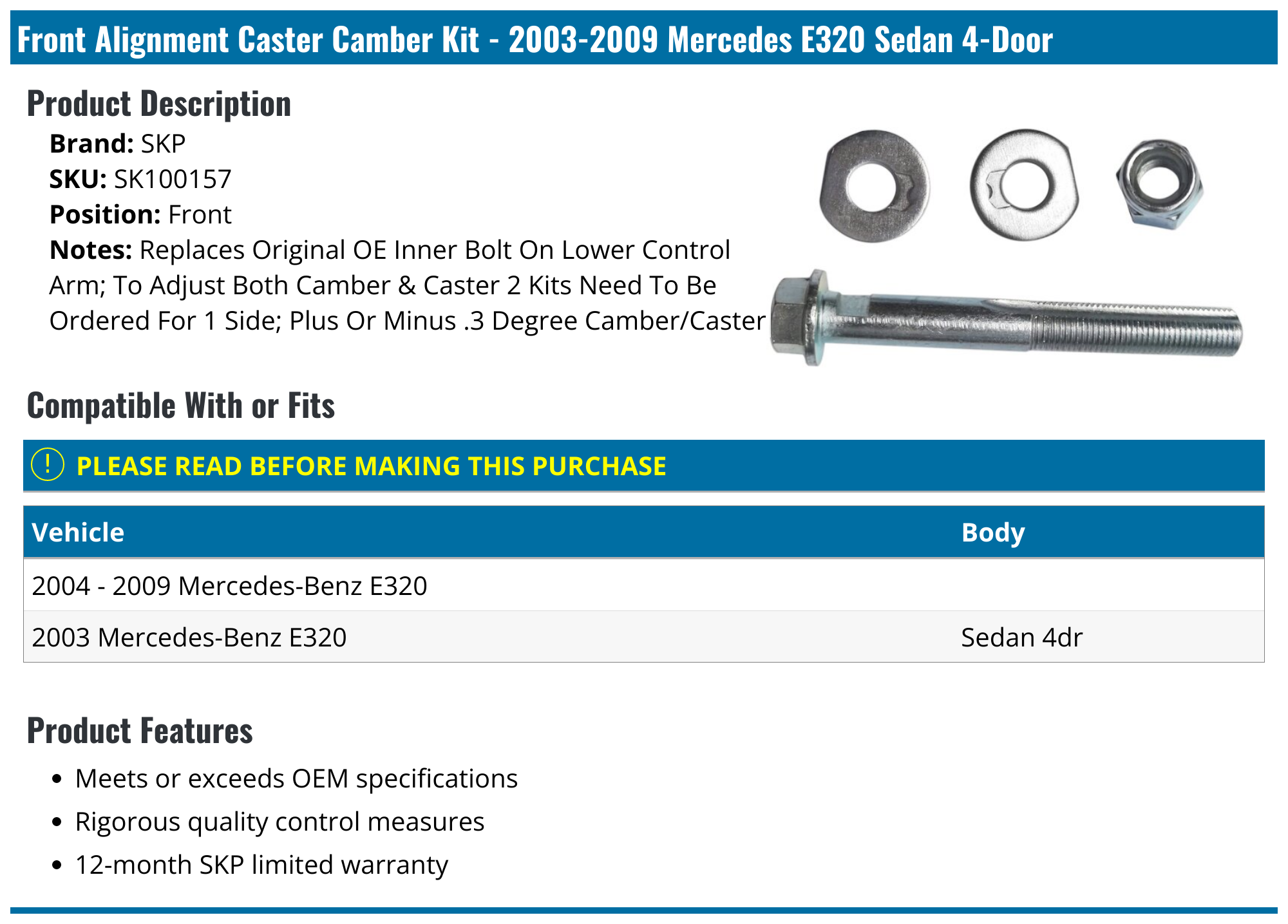 2003-2009 Mercedes E320 Alignment Caster Camber Kit - SKP SK100157 ...