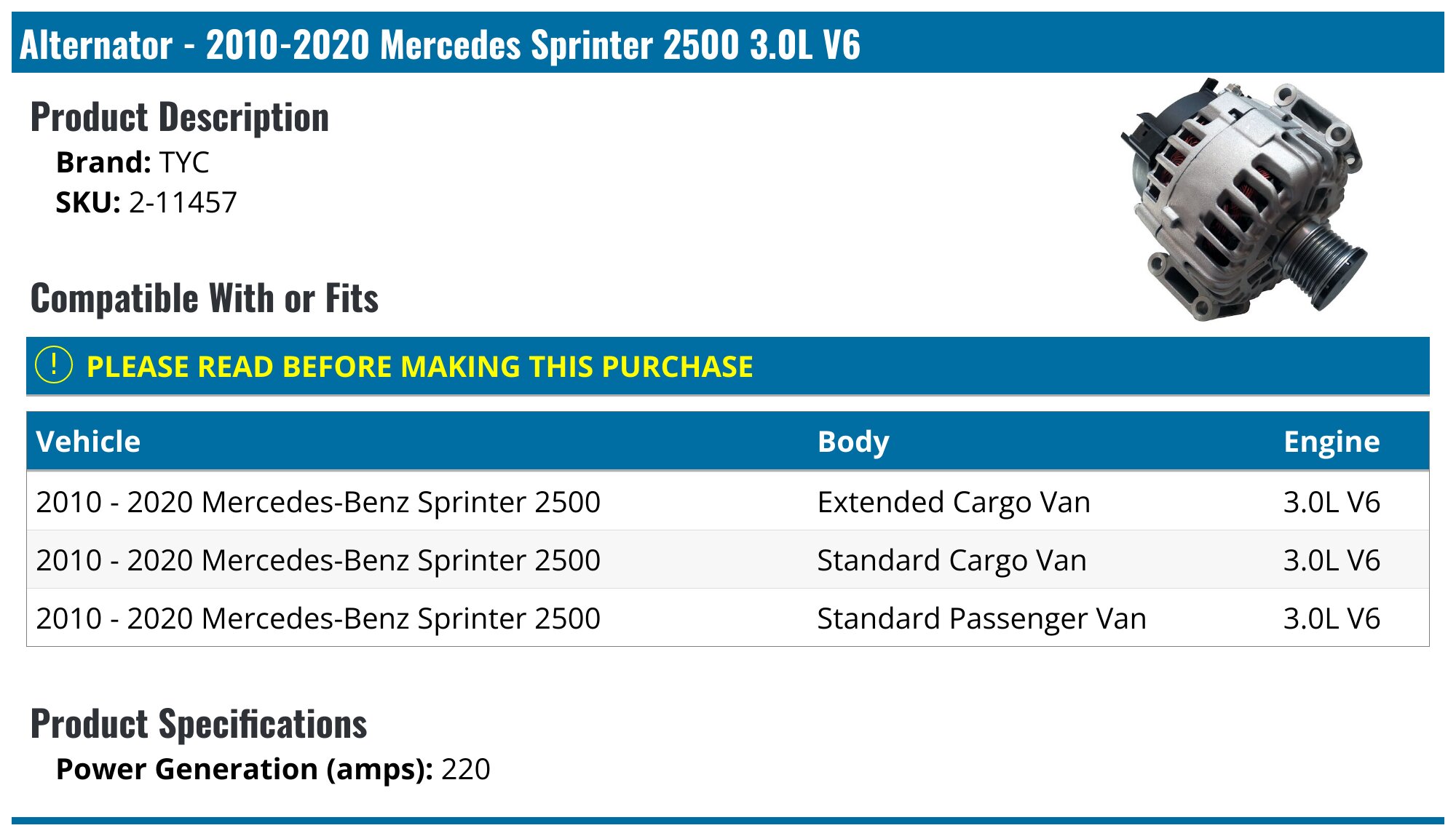2010-2020 Mercedes Sprinter 2500 Alternator - TYC 2-11457 - PartsGeek.com