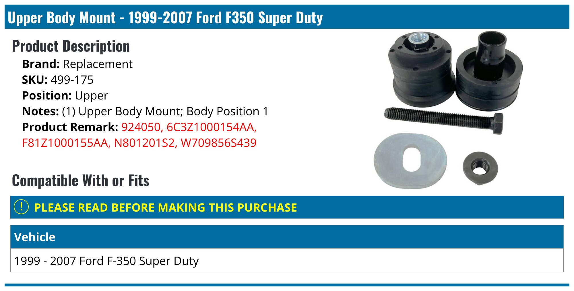 1999-2007 Ford F350 Super Duty Body Mount - Replacement 499-175 - Upper ...