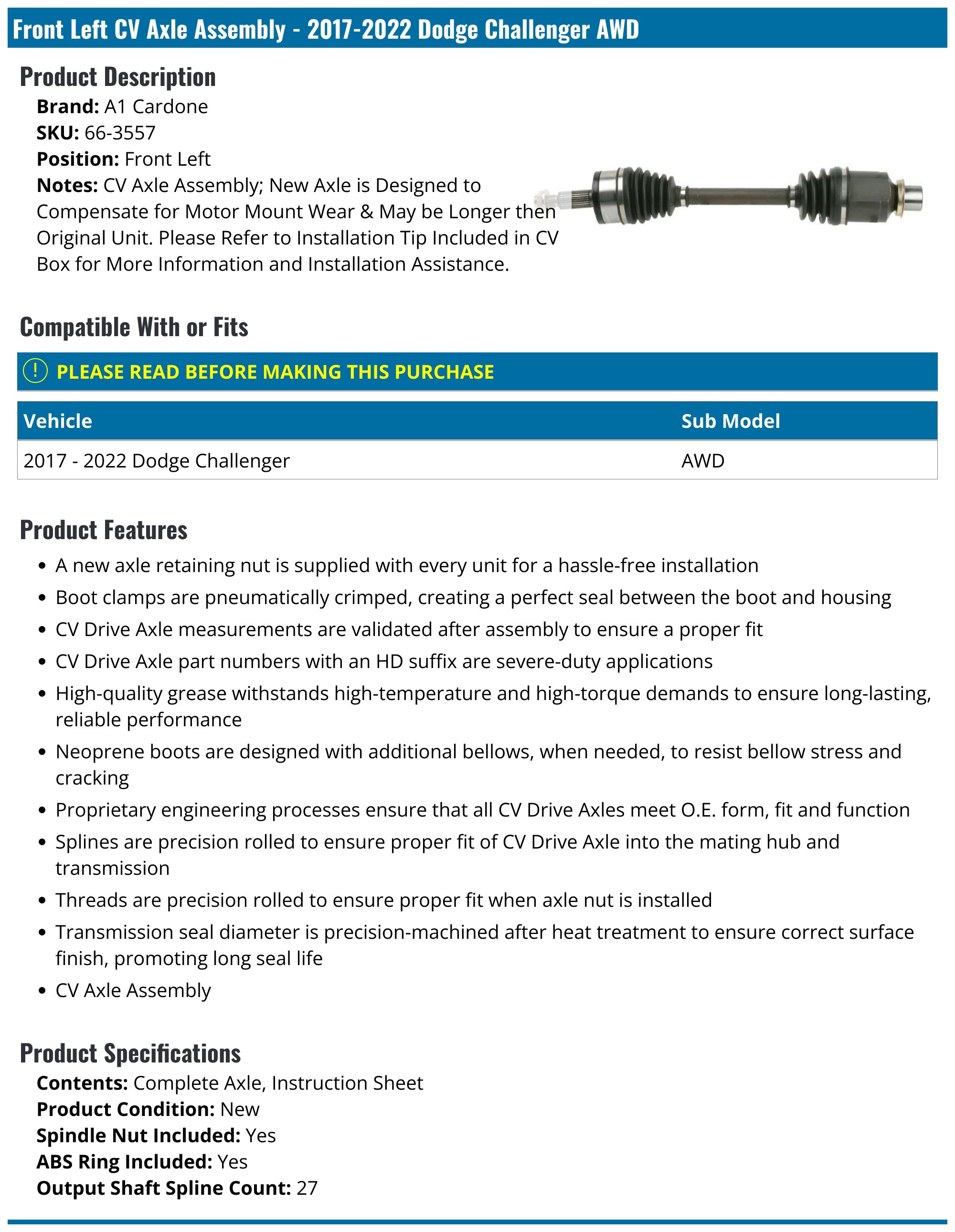 2017-2023 Dodge Challenger Axle Assembly - A1 Cardone 66-3557 - Front ...
