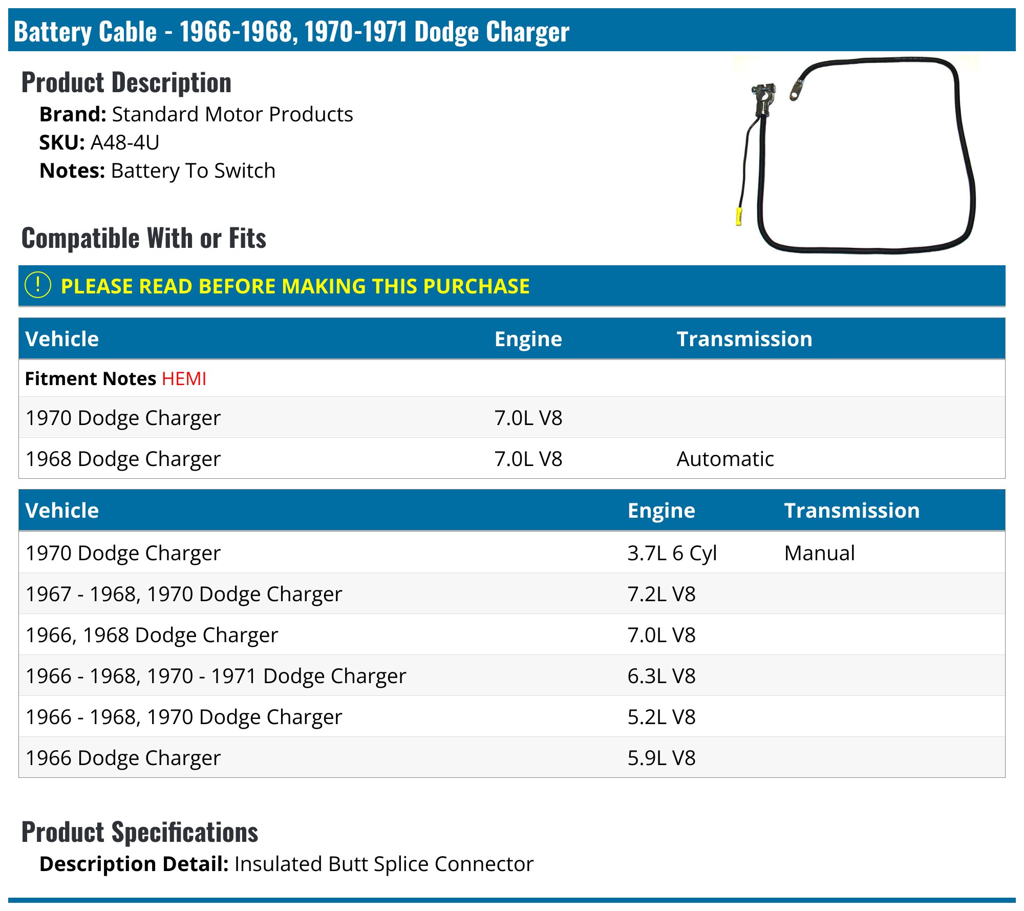 1966-1968, 1970-1971 Dodge Charger Battery Cable - Standard Motor ...