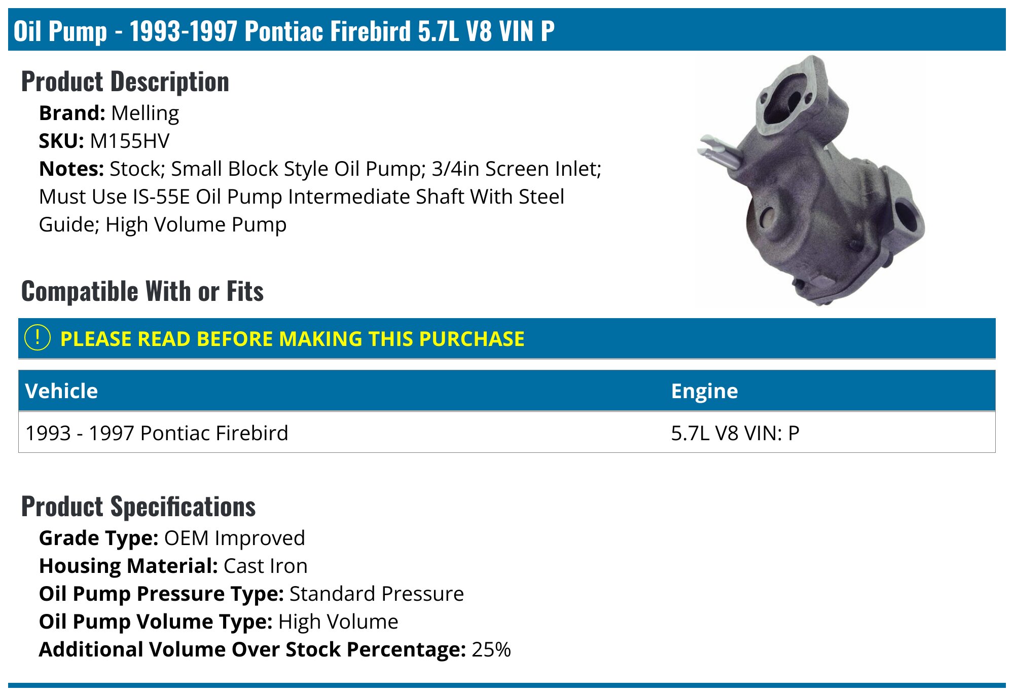 1993-1997 Pontiac Firebird Oil Pump - Melling M155HV - PartsGeek.com