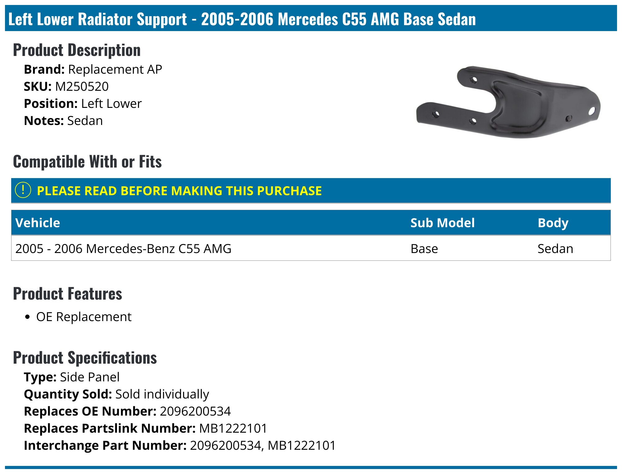 2005-2006 Mercedes C55 AMG Radiator Support - Replacement AP M250520 ...