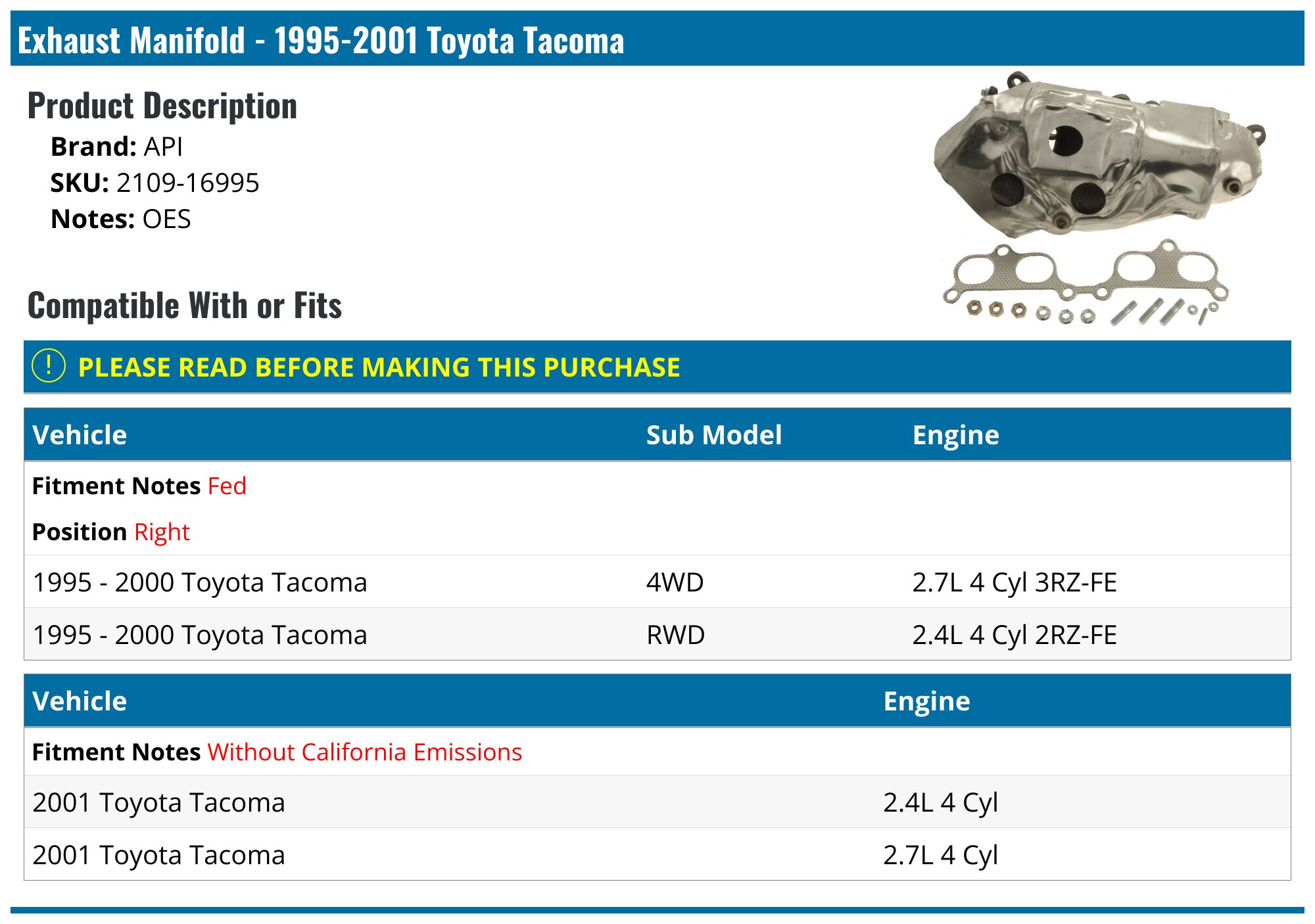 1995-2001 Toyota Tacoma Exhaust Manifold - API 8215-07638985 - Right ...