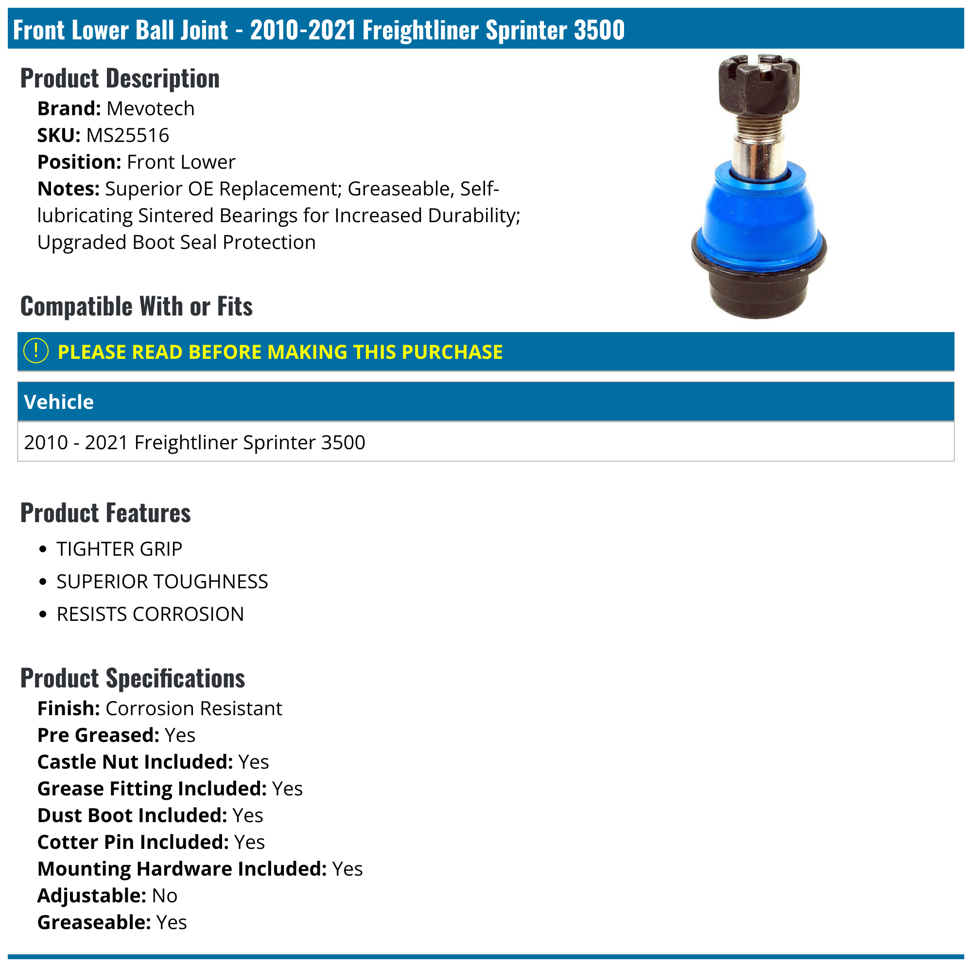 2010-2021 Freightliner Sprinter 3500 Ball Joint - Mevotech MS25516 ...