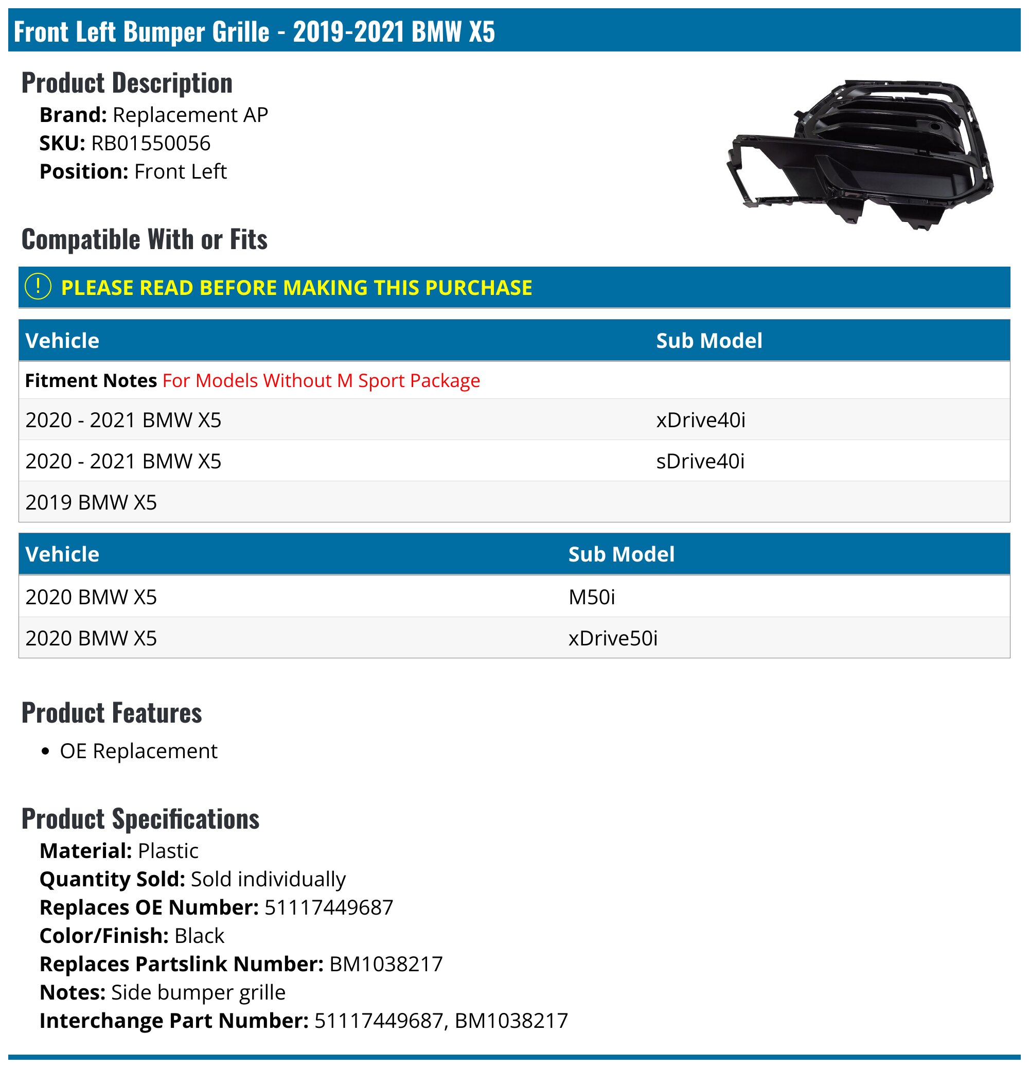 2019-2022 BMW X5 Grille Assembly - Replacement AP RB01550056 - Front ...