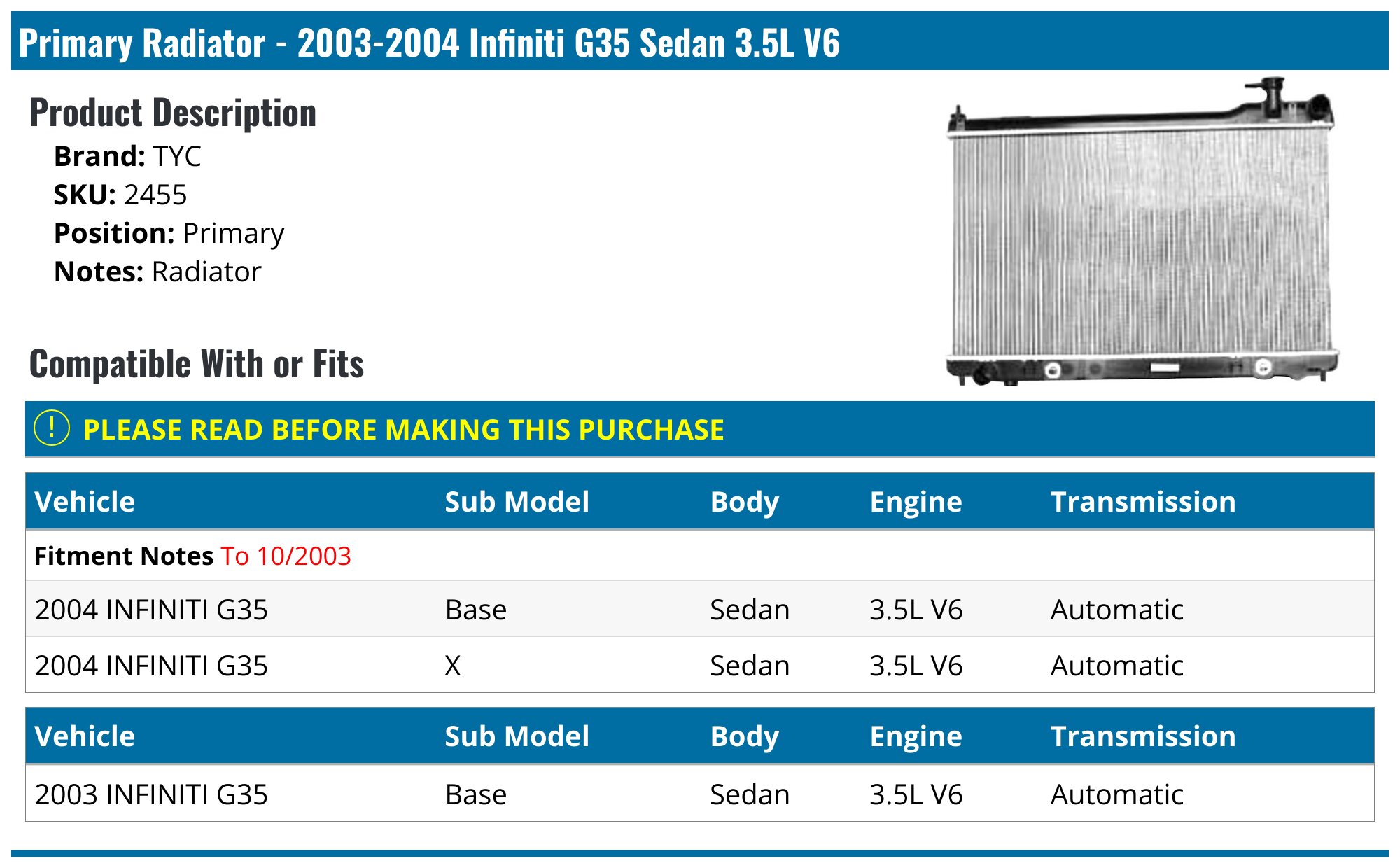 2003-2004 Infiniti G35 Radiator - TYC 2455 - Primary - PartsGeek.com