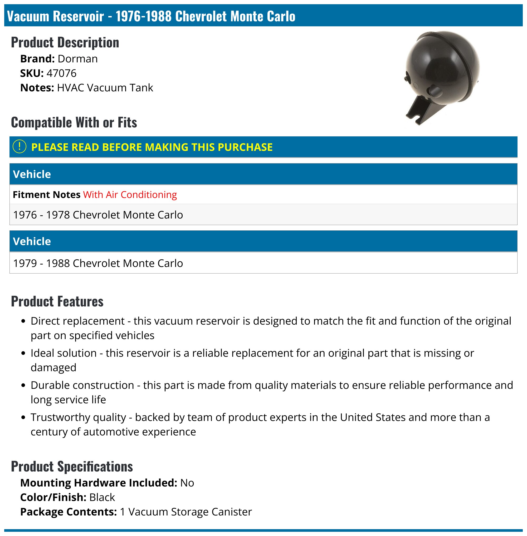 1976-1988 Chevrolet Monte Carlo Vacuum Reservoir - Dorman 47076 ...