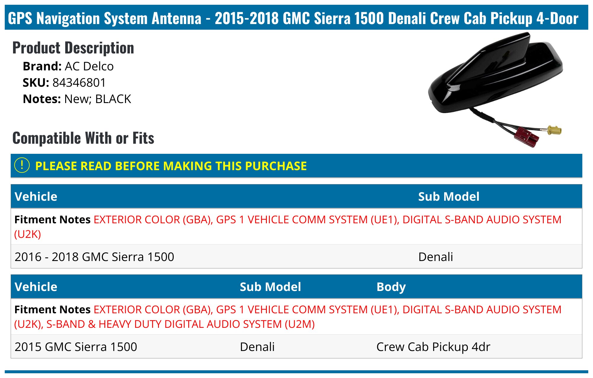 2015-2018 GMC Sierra 1500 GPS Navigation System Antenna - AC Delco ...