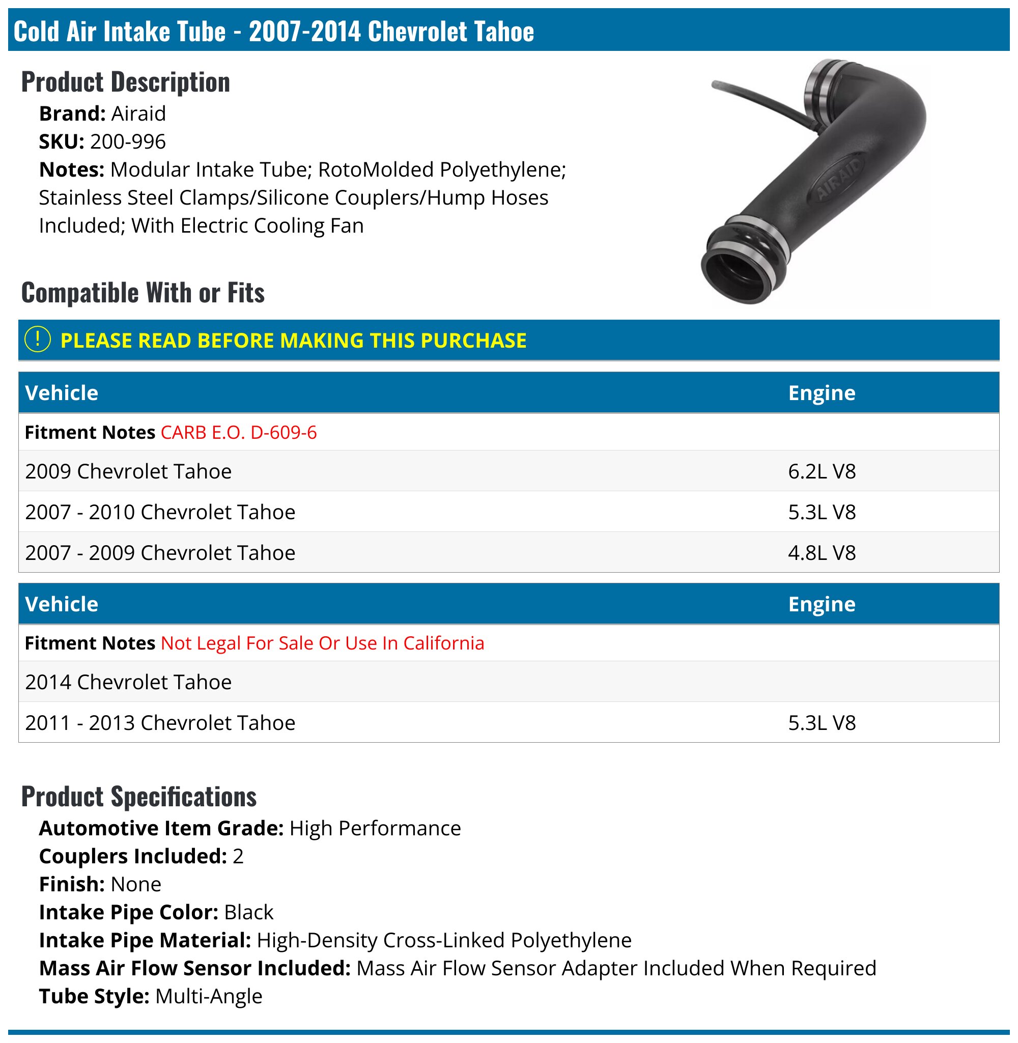 2007 2014 Chevrolet Tahoe Cold Air Intake Airaid 200 996