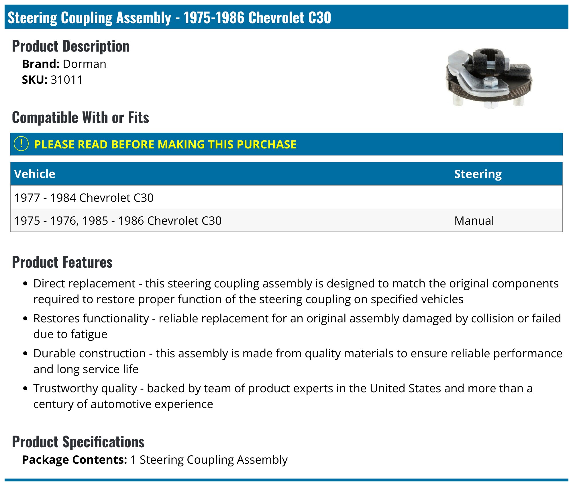 1975-1986 Chevrolet C30 Steering Coupling Assembly - Dorman 31011 ...
