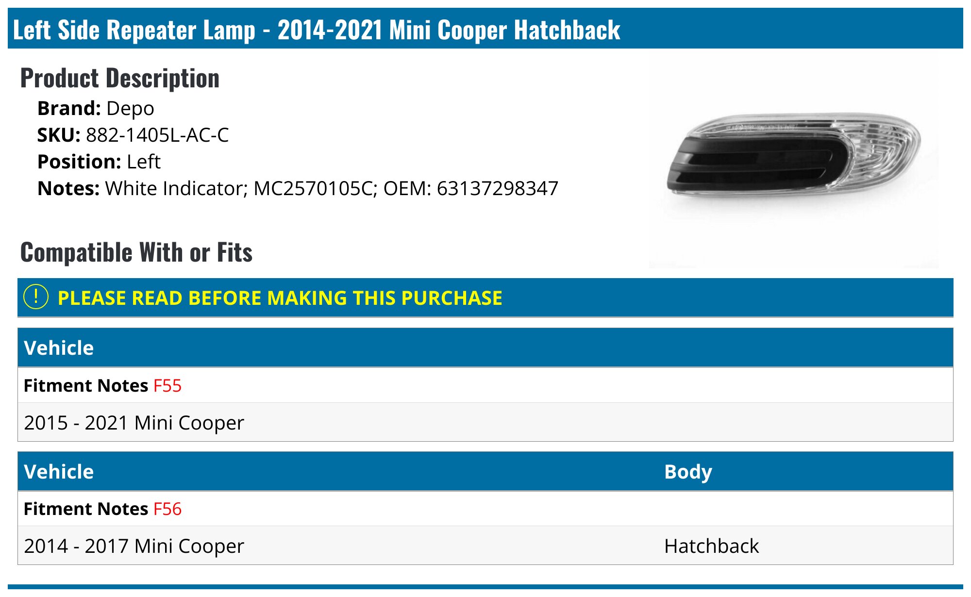 2014-2021 Mini Cooper Side Marker Light - Depo 882-1405L-AC-C - Left ...