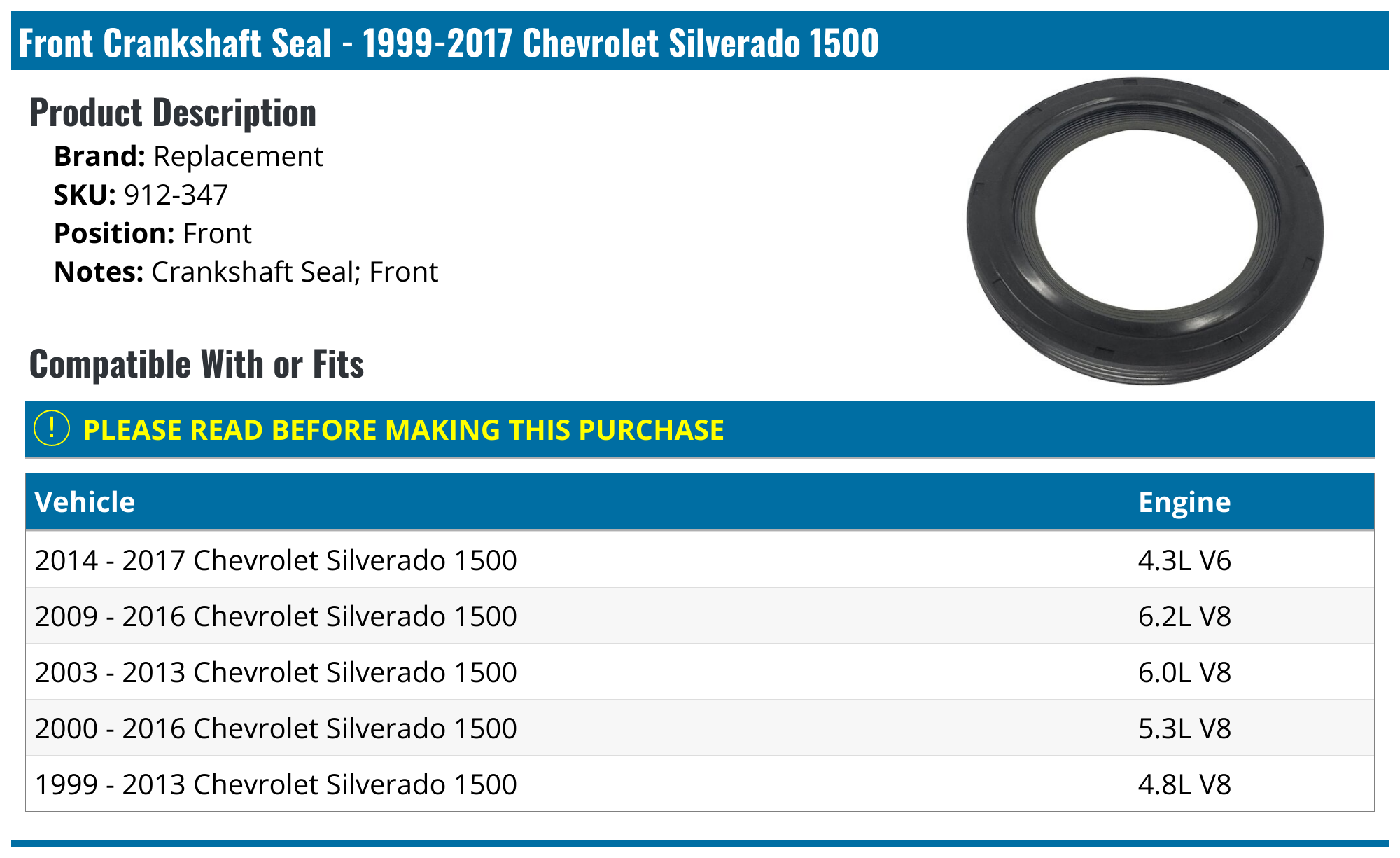 1999-2017 Chevrolet Silverado 1500 Crankshaft Seal - Replacement 912 ...