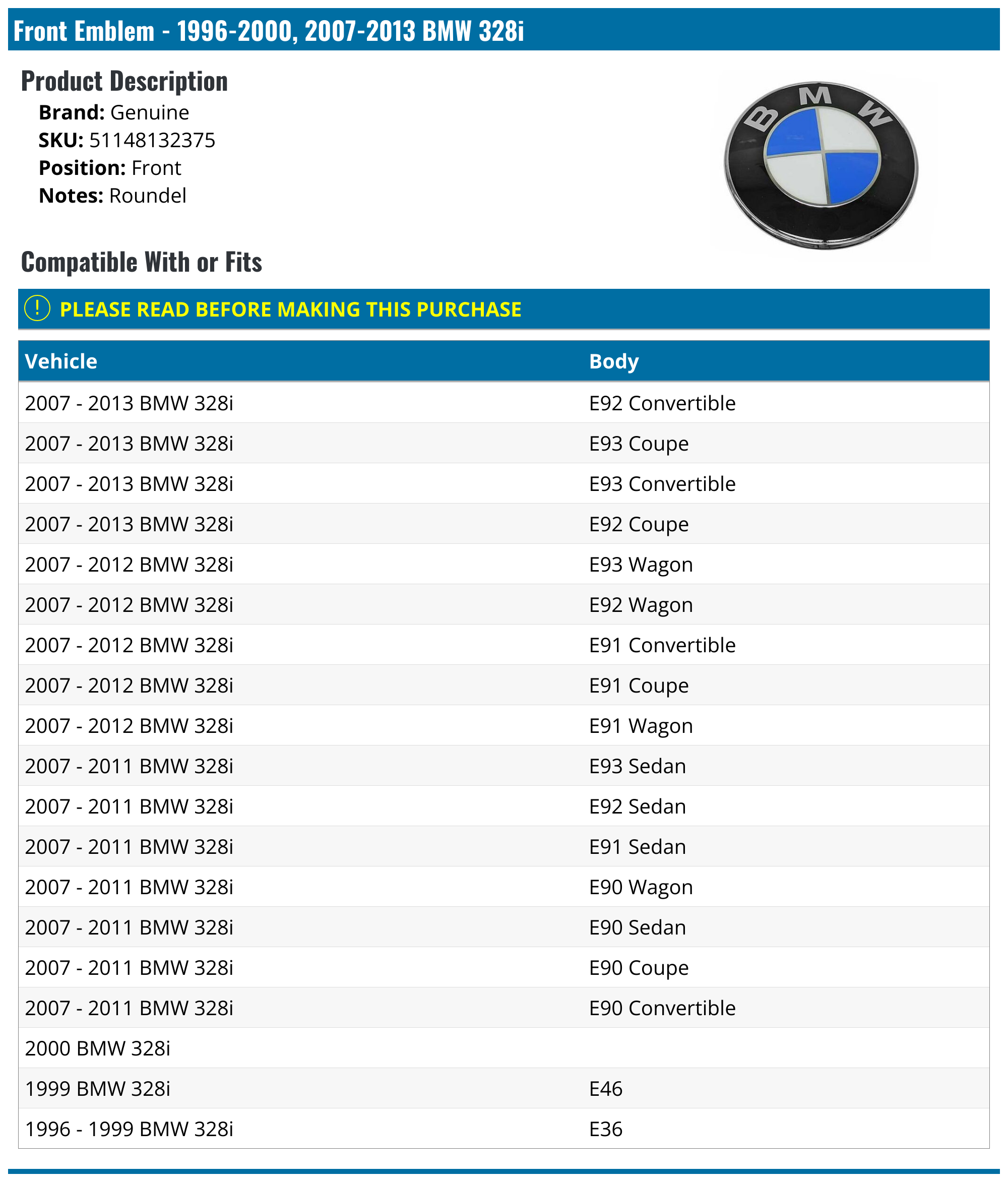 1996-2000, 2007-2013 BMW 328i Emblem - Genuine 51148132375 - Front ...