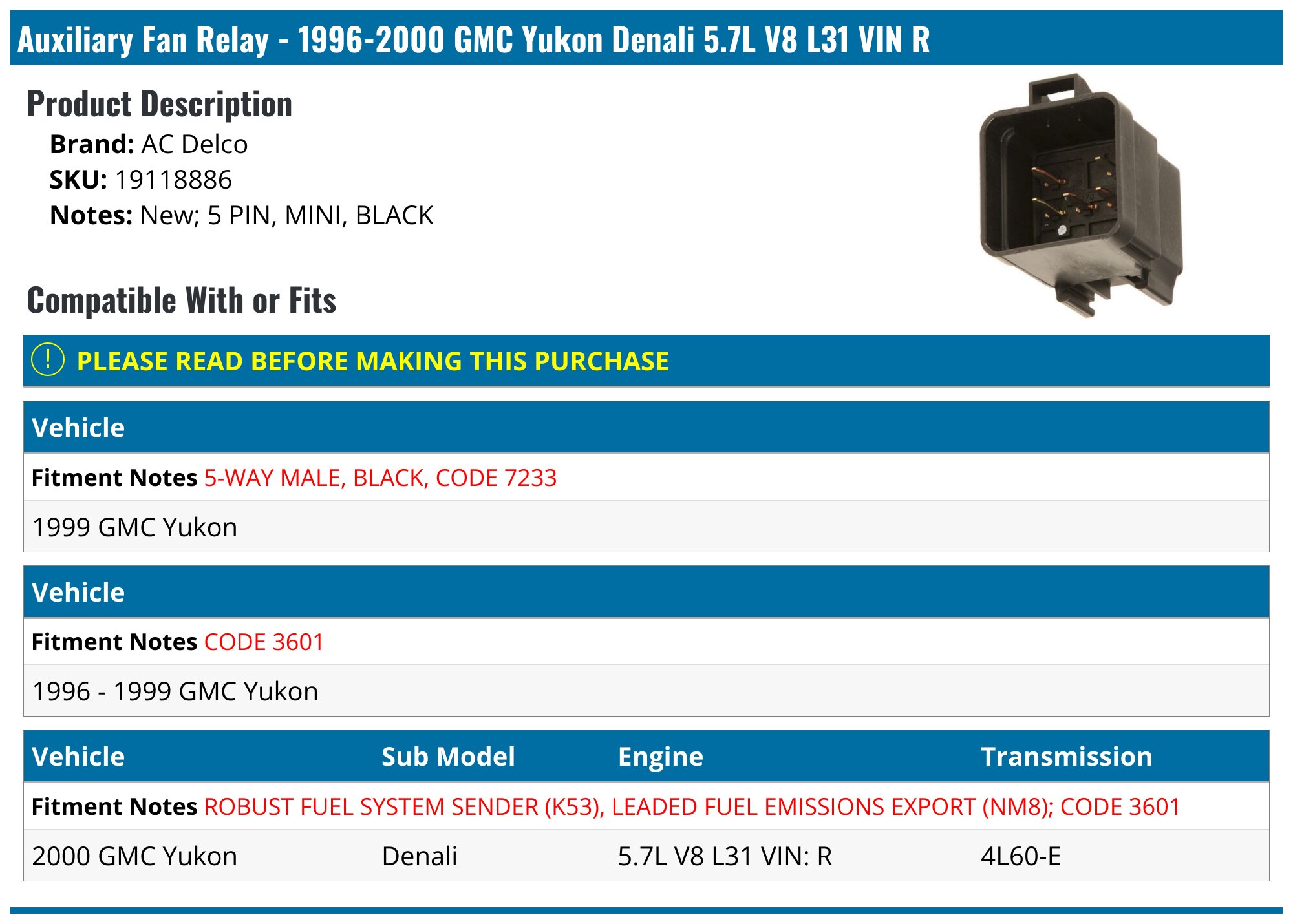 1996-1999 GMC Yukon Auxiliary Fan Relay - AC Delco 19118886 - PartsGeek.com