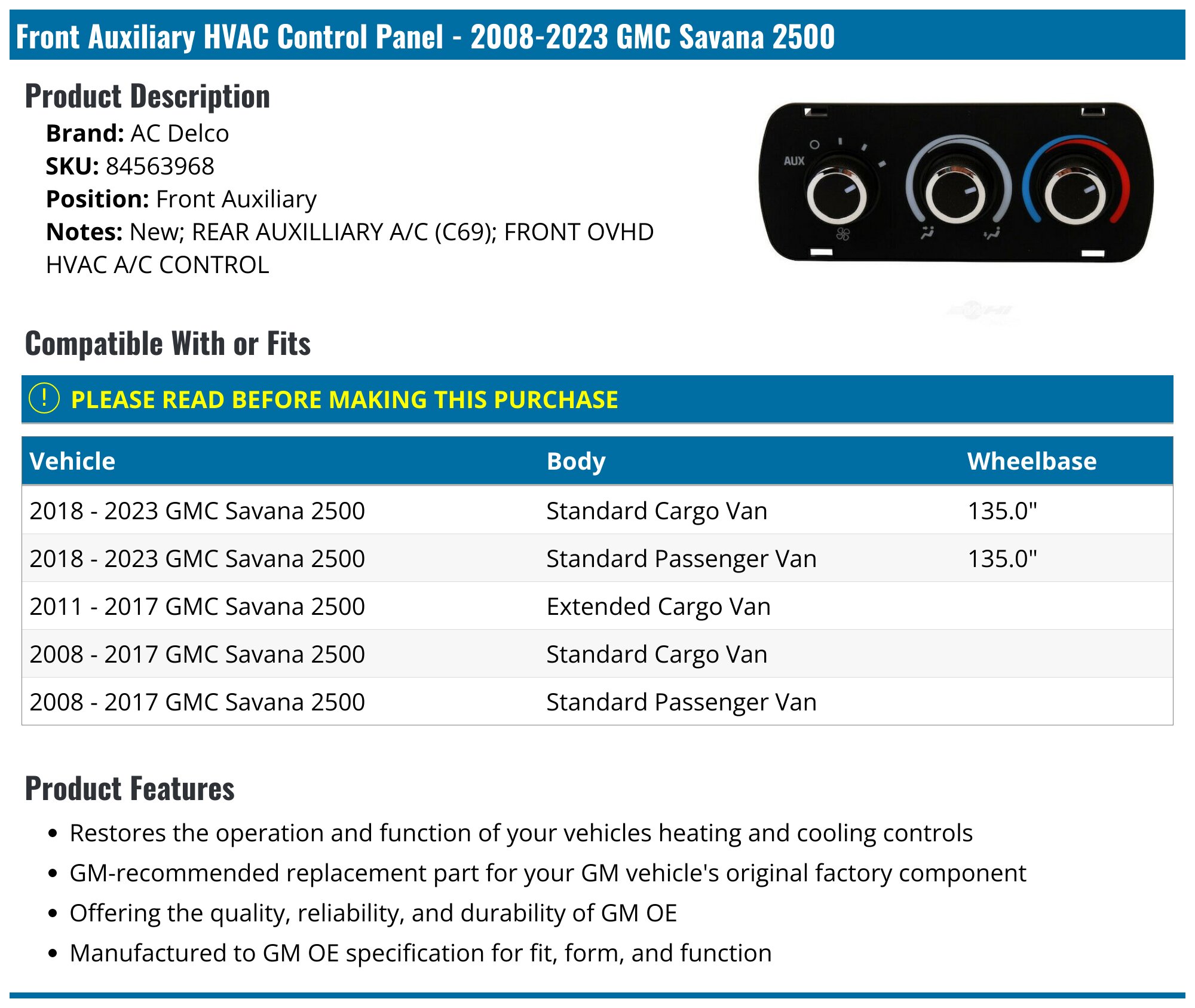 2008-2024 GMC Savana 2500 HVAC Temperature Control Panel - AC Delco ...