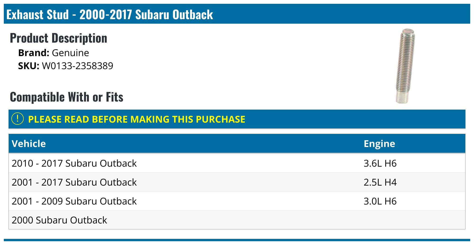 2000-2017 Subaru Outback Exhaust Stud - Genuine W0133-2358389 ...