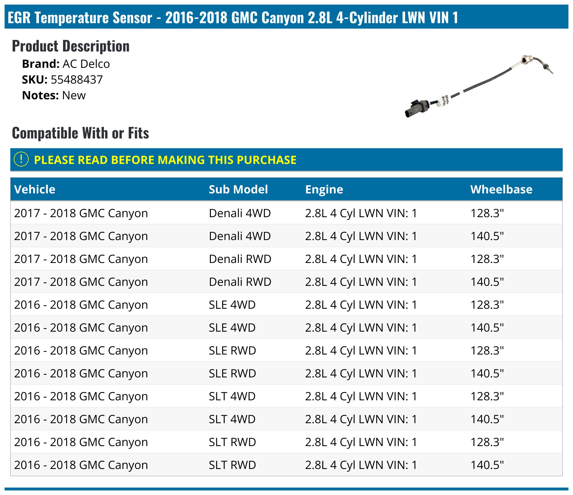 2016-2018 GMC Canyon EGR Temperature Sensor - AC Delco 55488437 ...