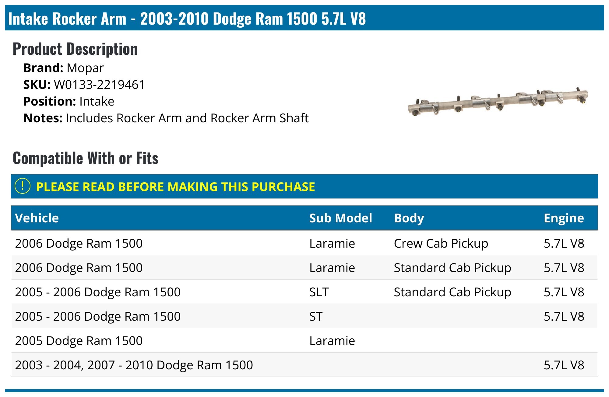 2003-2010 Dodge Ram 1500 Rocker Arm - Mopar W0133-2219461 - Intake ...