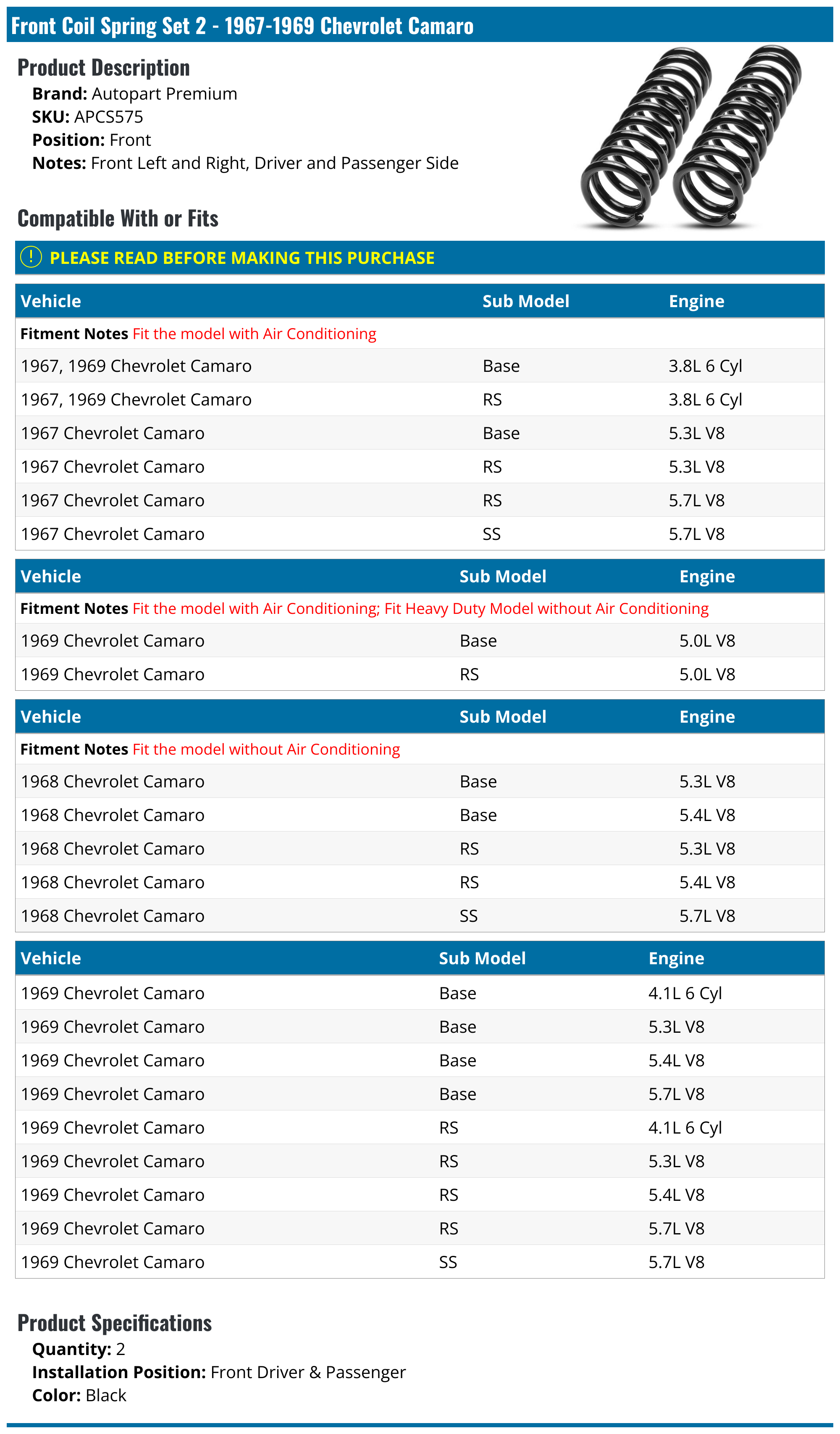 1967-1969 Chevrolet Camaro Coil Spring - Autopart Premium APCS575 ...