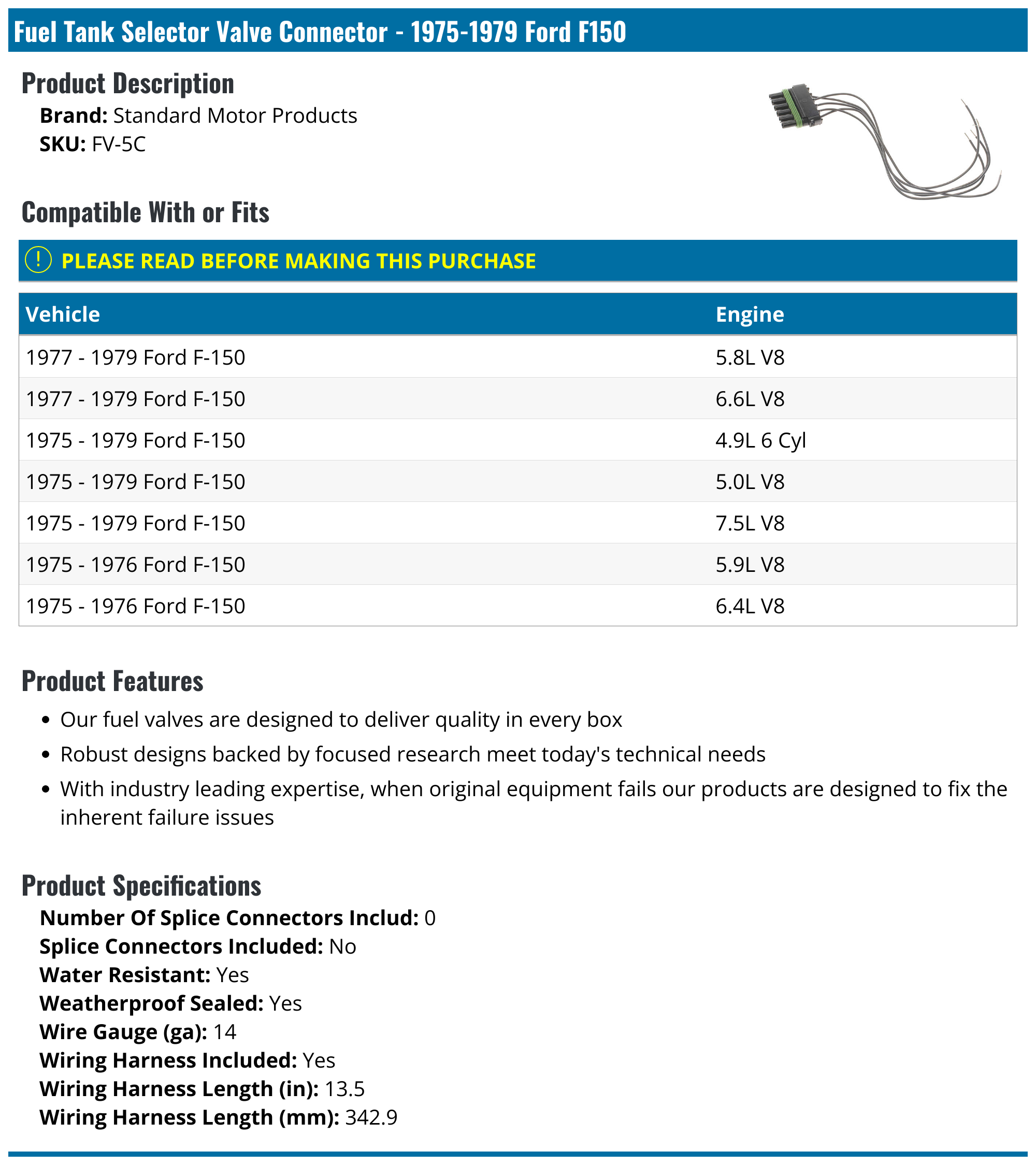 1975-1994 Ford F150 Fuel Tank Selector Valve Connector - Standard Motor ...