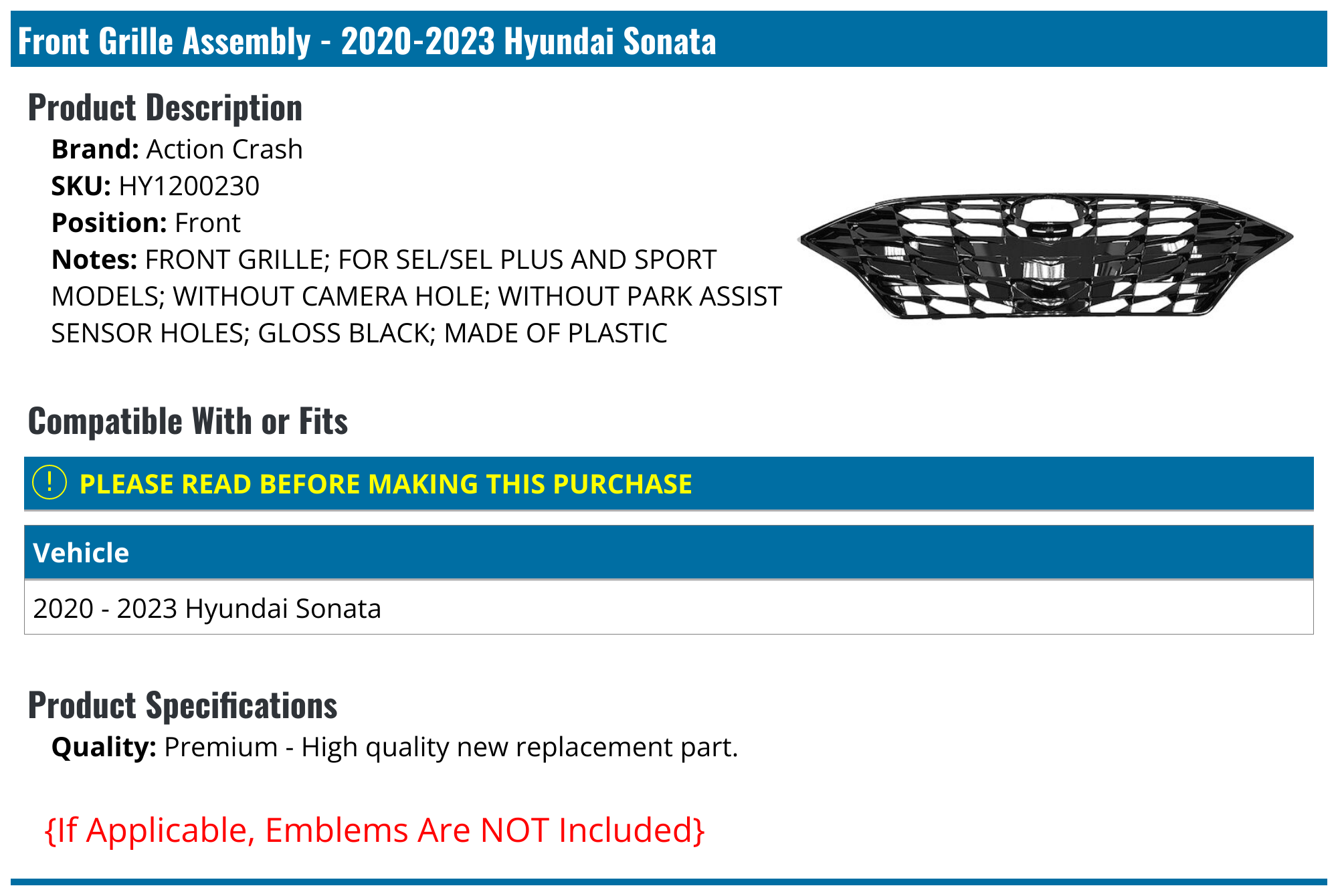 2020-2023 Hyundai Sonata Grille Assembly - Action Crash HY1200230 ...
