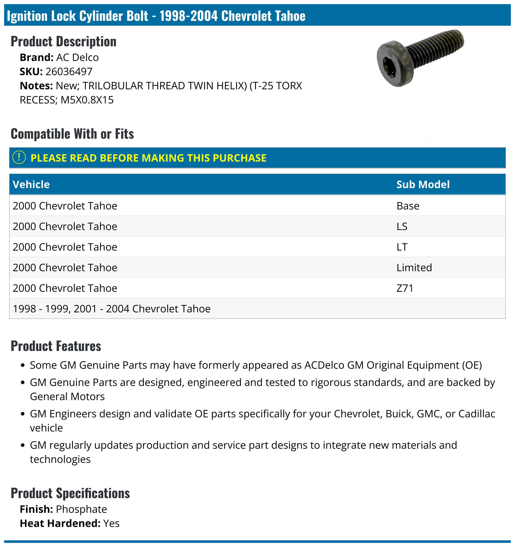 1998-2004 Chevrolet Tahoe Ignition Lock Cylinder Bolt - AC Delco ...