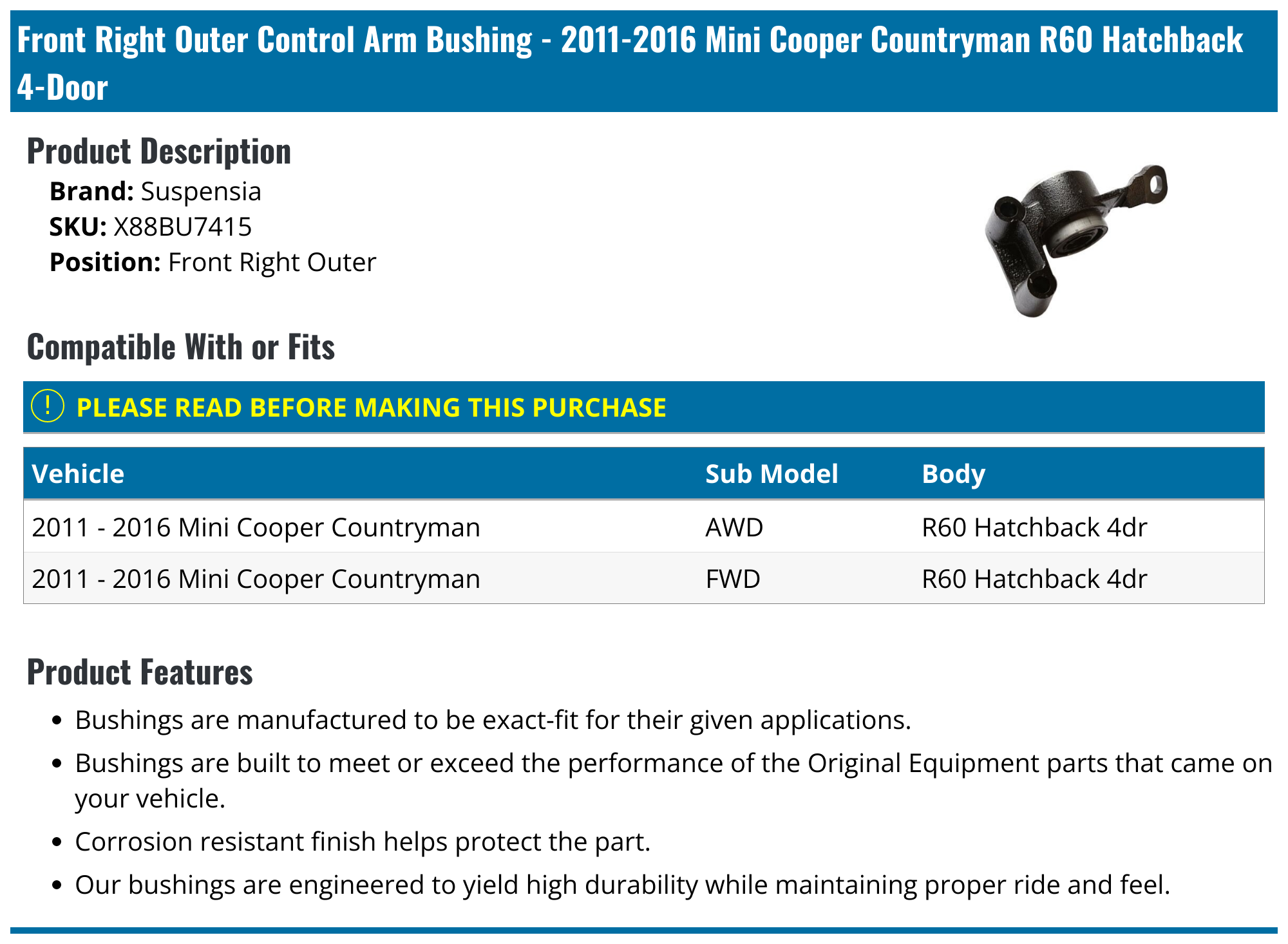 2011-2016 Mini Cooper Countryman Control Arm Bushing - Suspensia ...