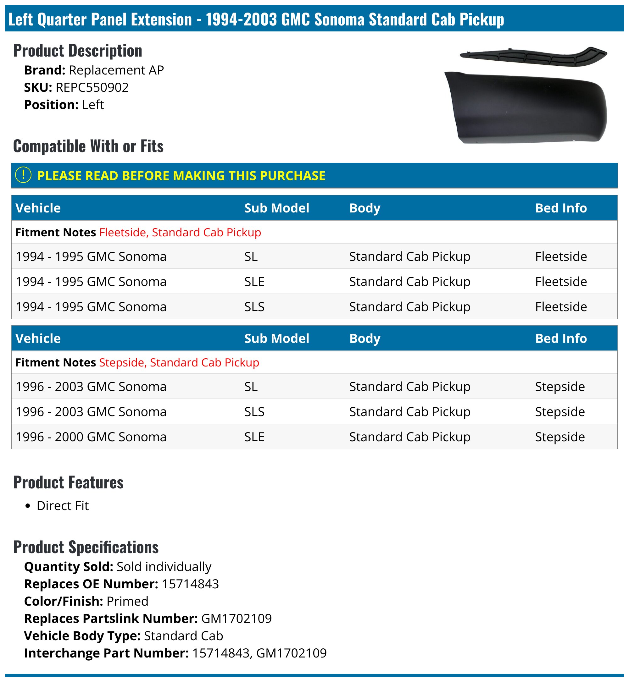 1994-2003 GMC Sonoma Quarter Panel Extension - Replacement AP ...