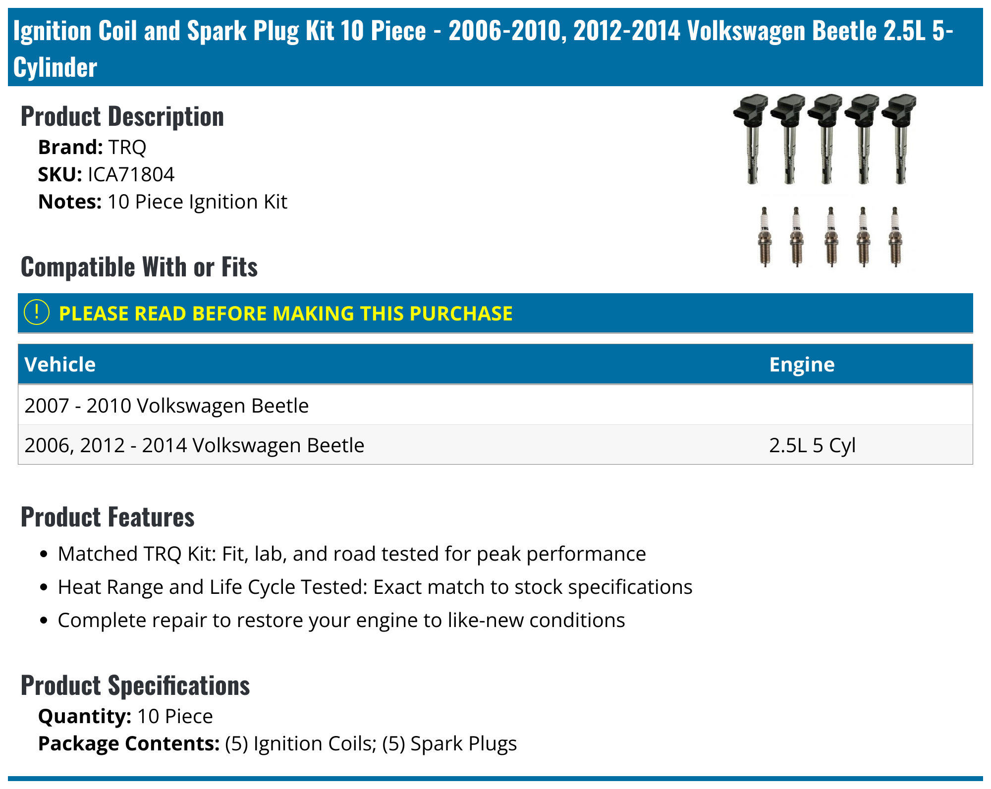 2006-2010, 2013-2014 Volkswagen Beetle Ignition Coil - TRQ ICA71804 ...