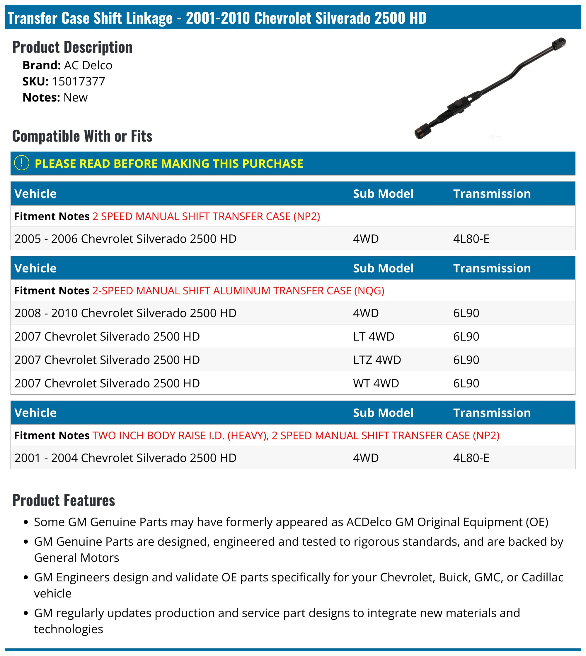 2001-2010 Chevrolet Silverado 2500 HD Transfer Case Shift Linkage - AC ...