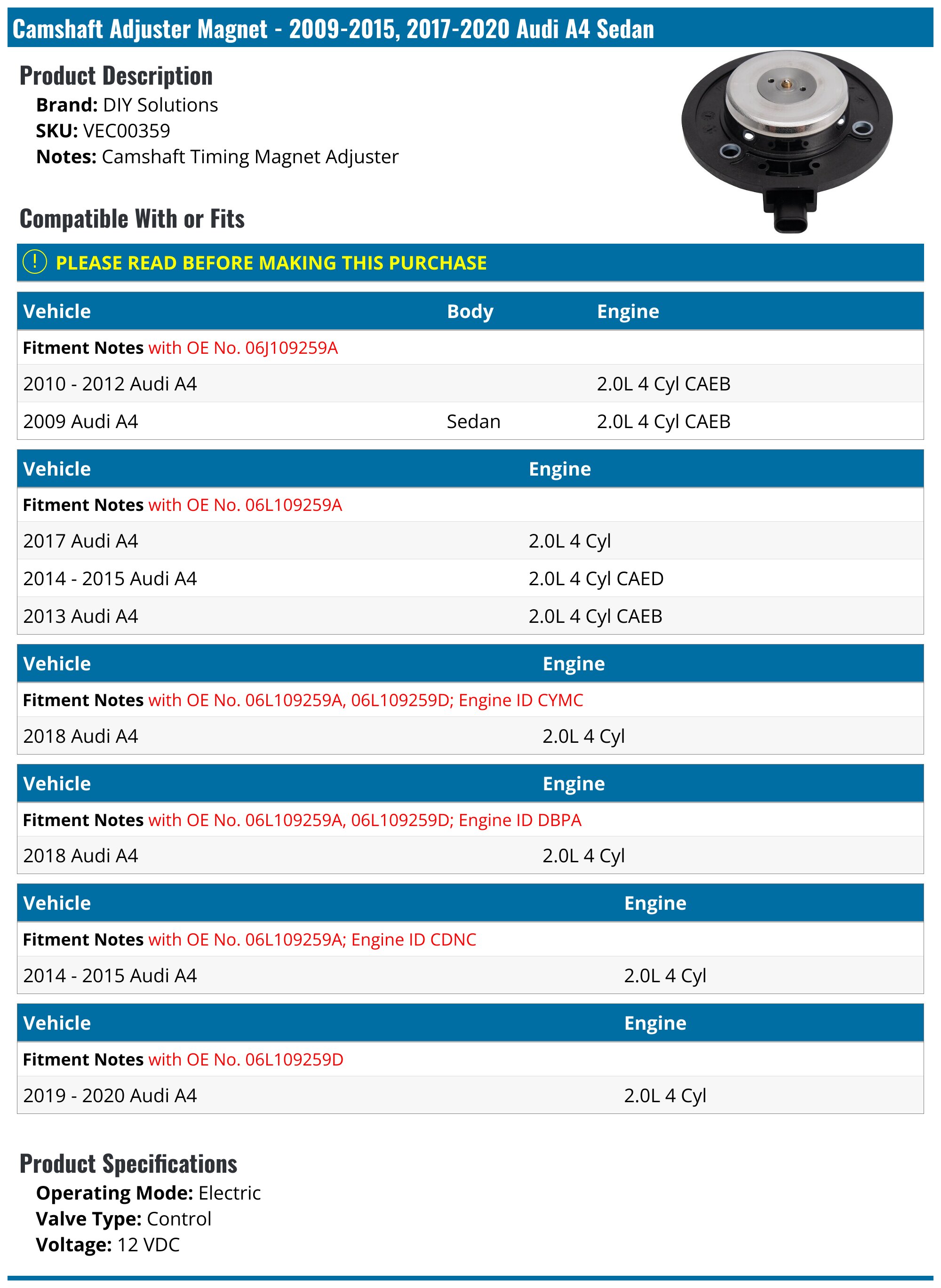 2009-2015, 2017-2020 Audi A4 Camshaft Adjuster Magnet - DIY Solutions ...