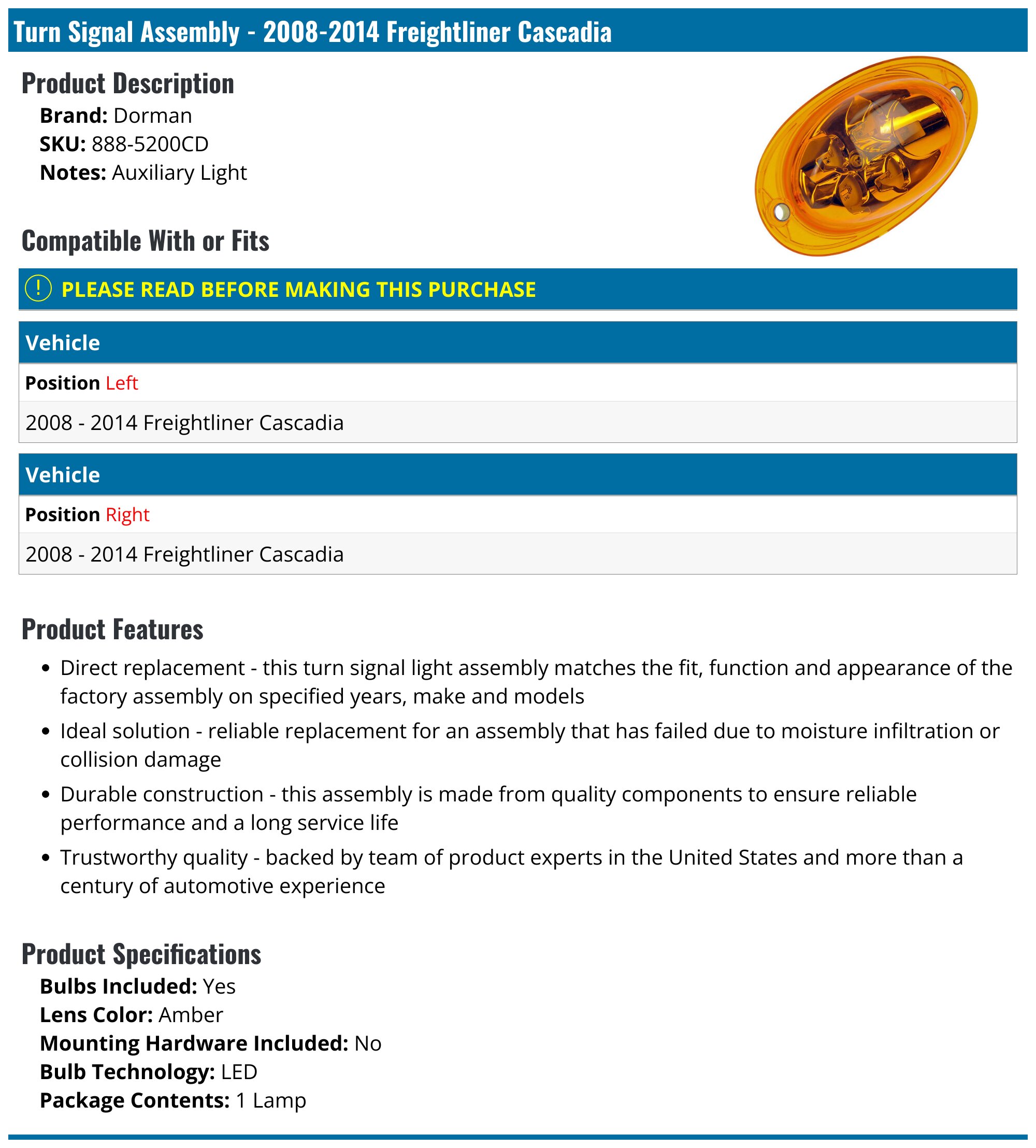 2008-2014 Freightliner Cascadia Turn Signal Light - Dorman 888-5200CD ...