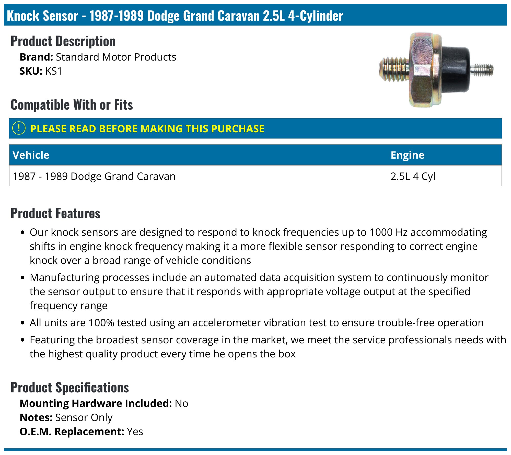 1987-1989 Dodge Grand Caravan Knock Sensor - Standard Motor Products ...