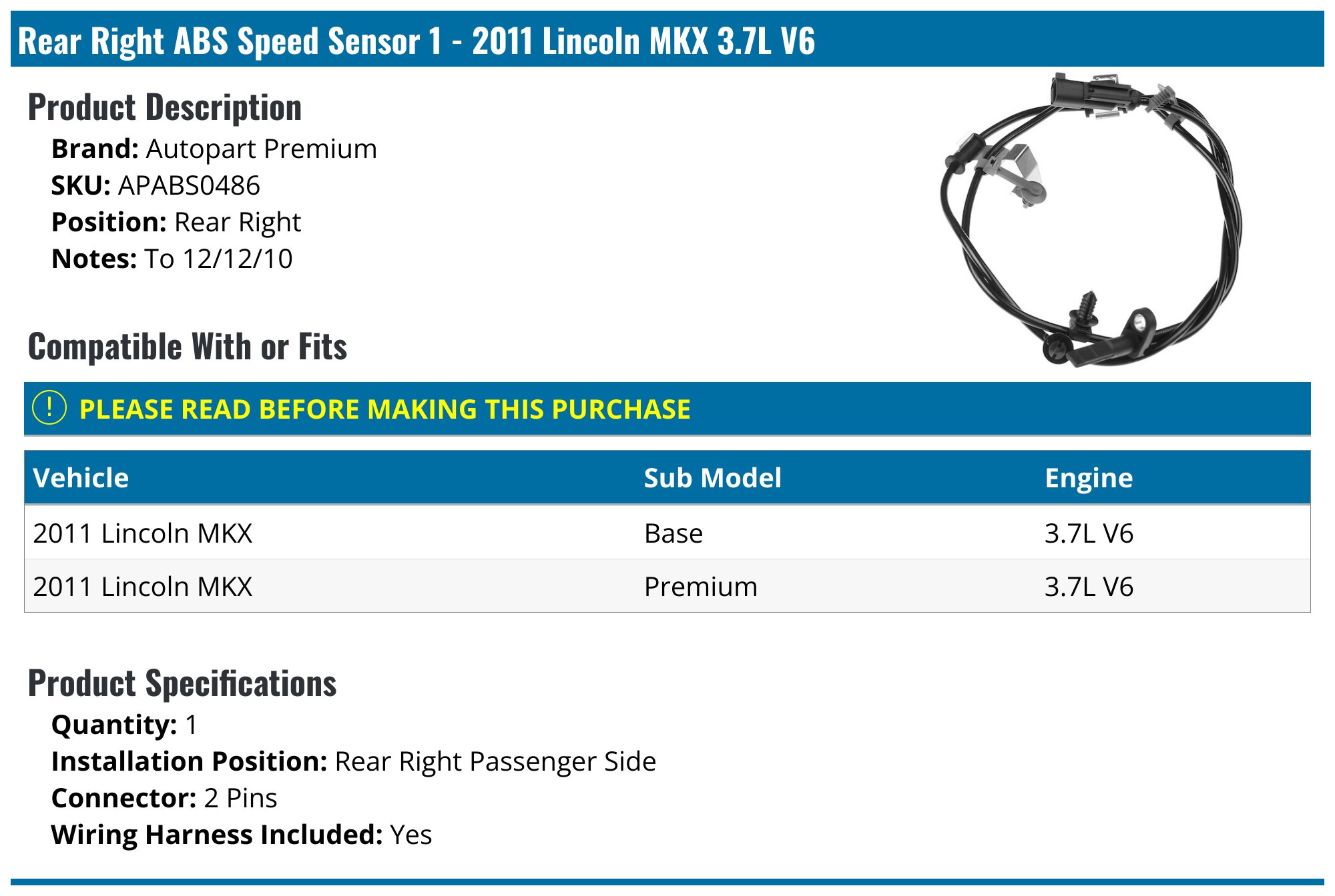 2011 Lincoln MKX ABS Speed Sensor - Autopart Premium APABS0486 - Rear ...