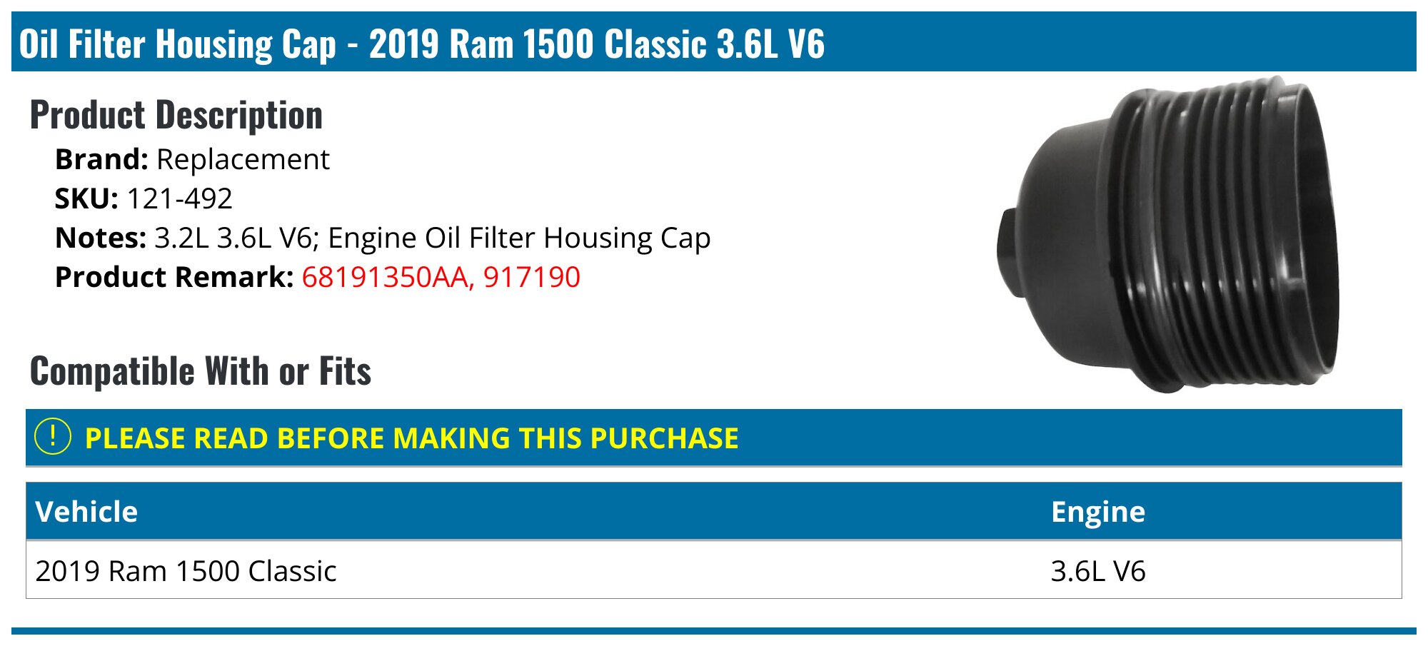 2019 Ram 1500 Classic Oil Filter Housing Cap - Replacement 121-492 ...