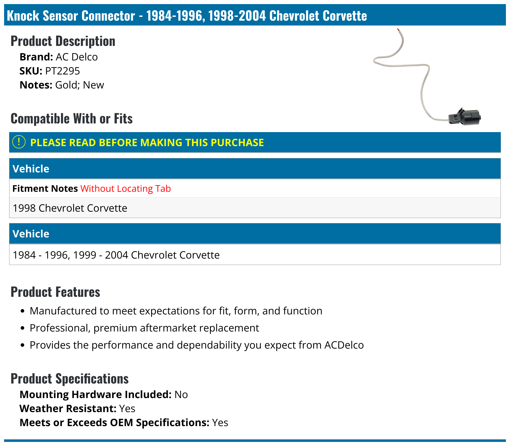 1984-1996, 1998-2004 Chevrolet Corvette Knock Sensor Connector - AC ...