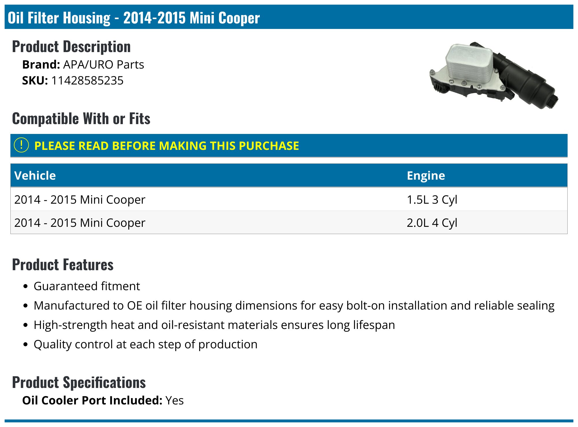 2014-2019 Mini Cooper Oil Filter Housing - APA/URO Parts 11428585235 ...