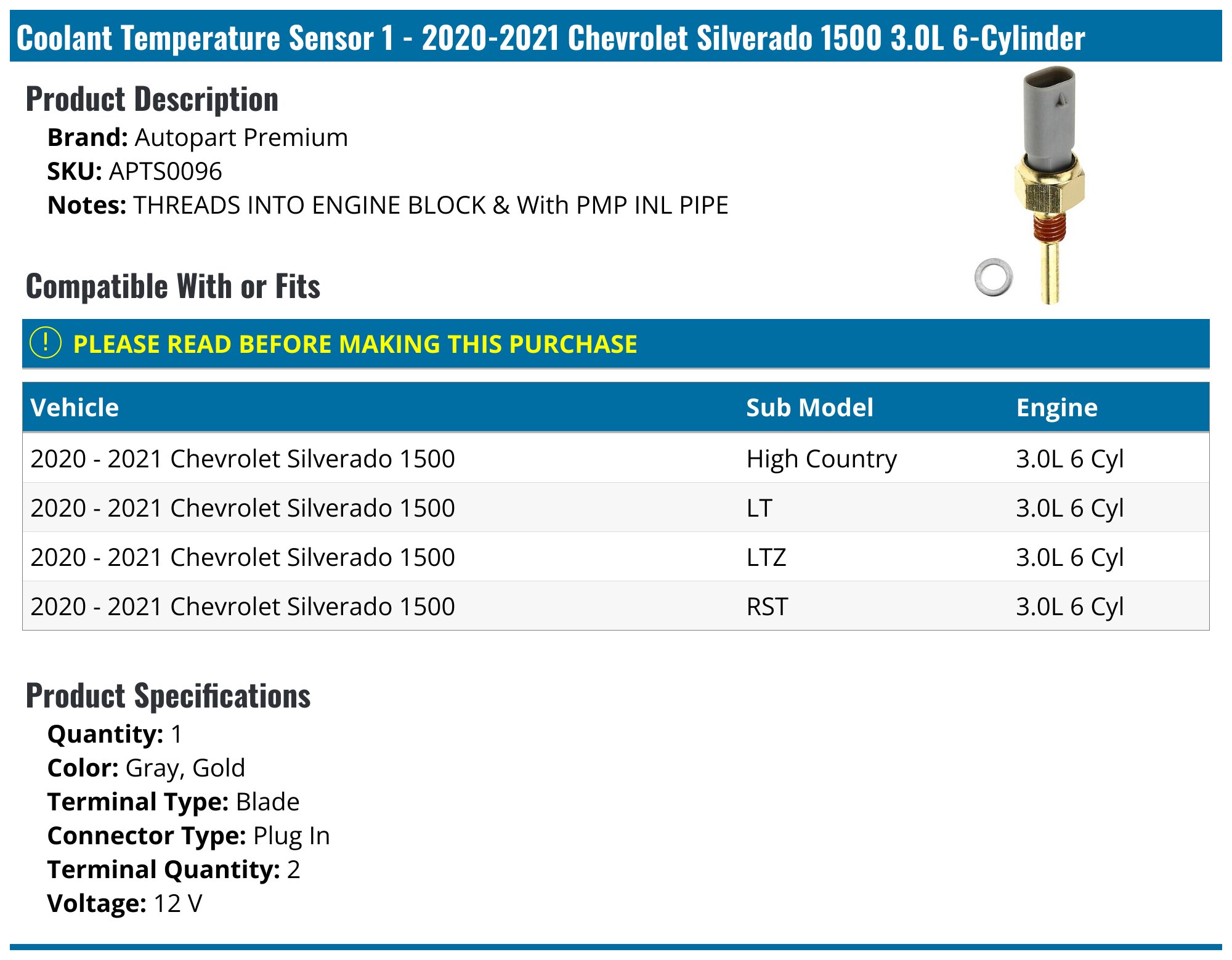2020-2021 Chevrolet Silverado 1500 Engine Coolant Temperature Sensor ...