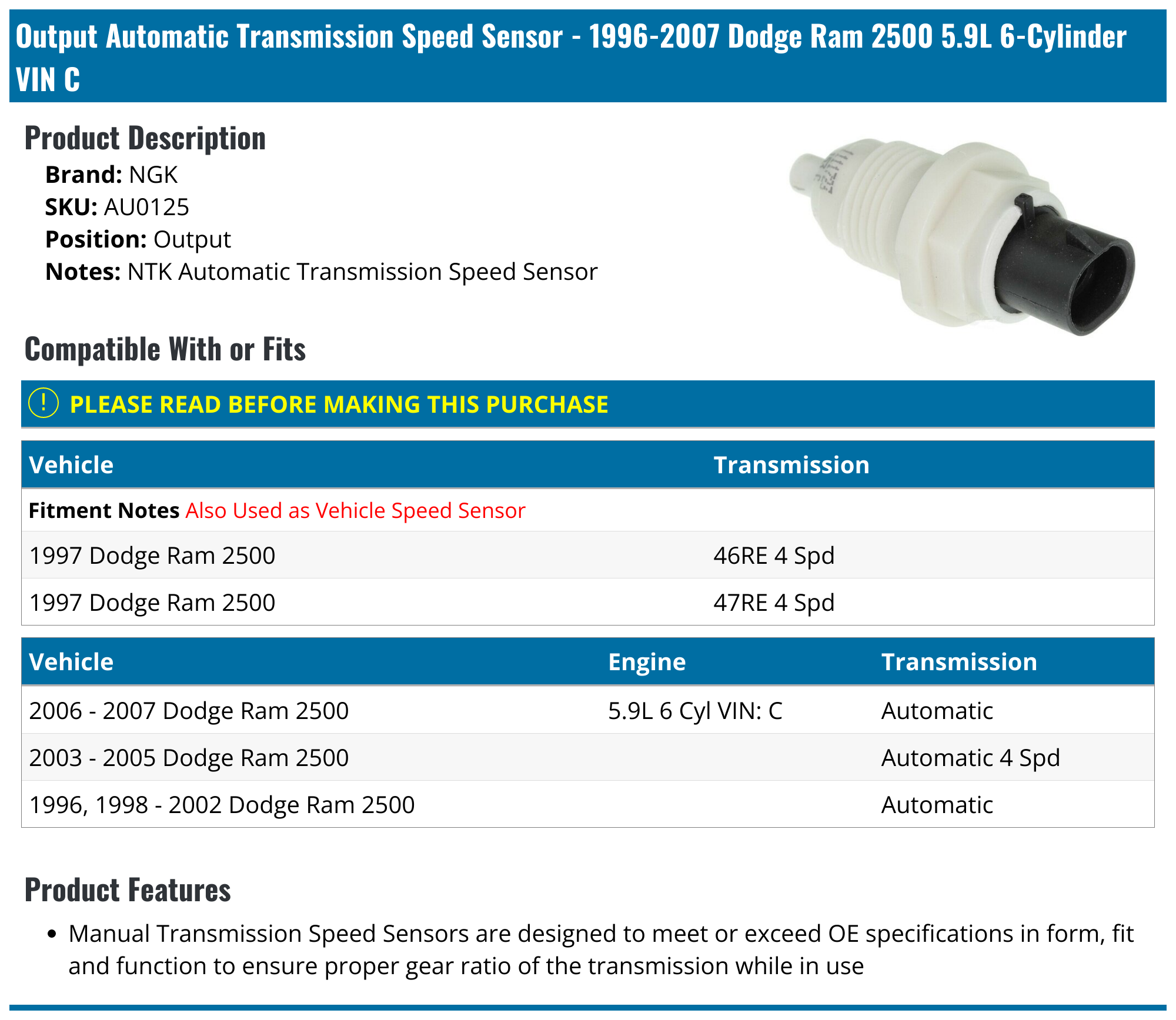 1996-2007 Dodge Ram 2500 Automatic Transmission Speed Sensor - NGK ...